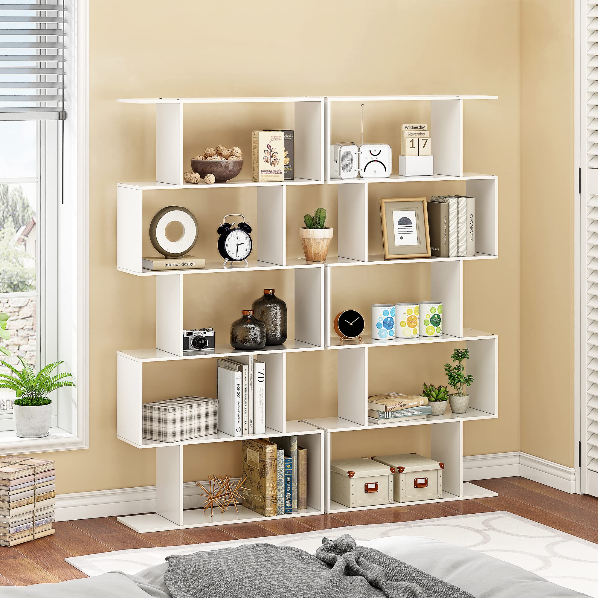 Function Home 5-Tier Geometric Bookcase, Freestanding S Shaped Bookshelf, Modern Multifunctional Display Shelves, White Book Shelf for Bedroom Living Room