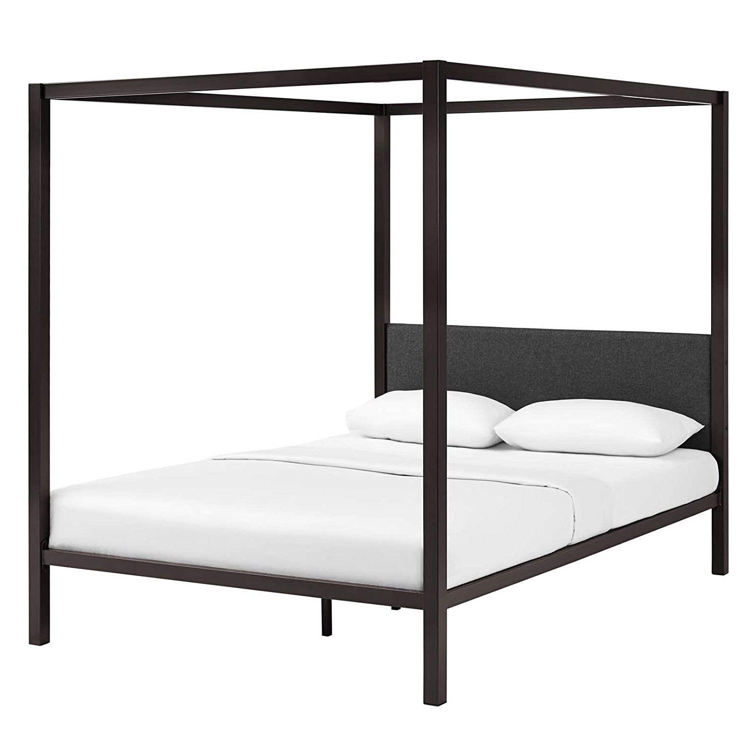 Fast Furnishings Queen Size Brown Metal Canopy Bed Frame with Grey Upholstered Headboard