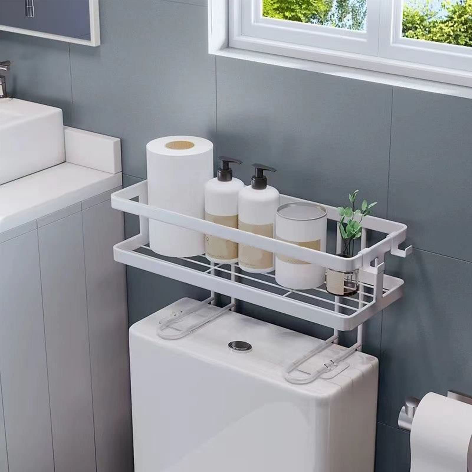 PENDINGS Iron Toilet Shelf Waterproof Design Spacious Storage Easy Install Nail Over The Toilet Organizer Bathroom Space Saver (Single Layer White)