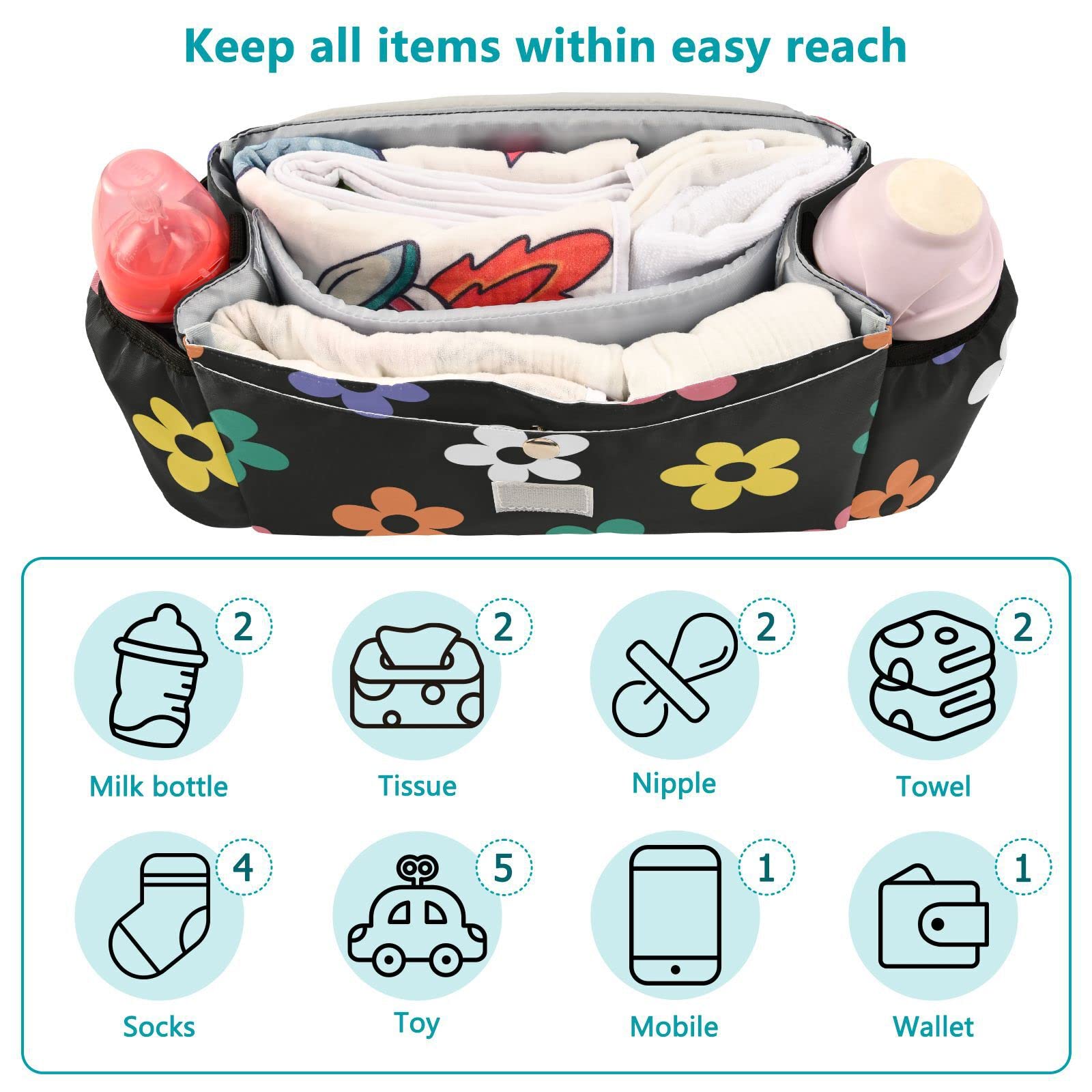 Kigai Colorful Flowers Baby Stroller Organizer with Cup Holders, Secure Hooks Accessories Adjustable Strap Stroller Bag for Bottle, Diaper, Phone, Toys, Baby Items