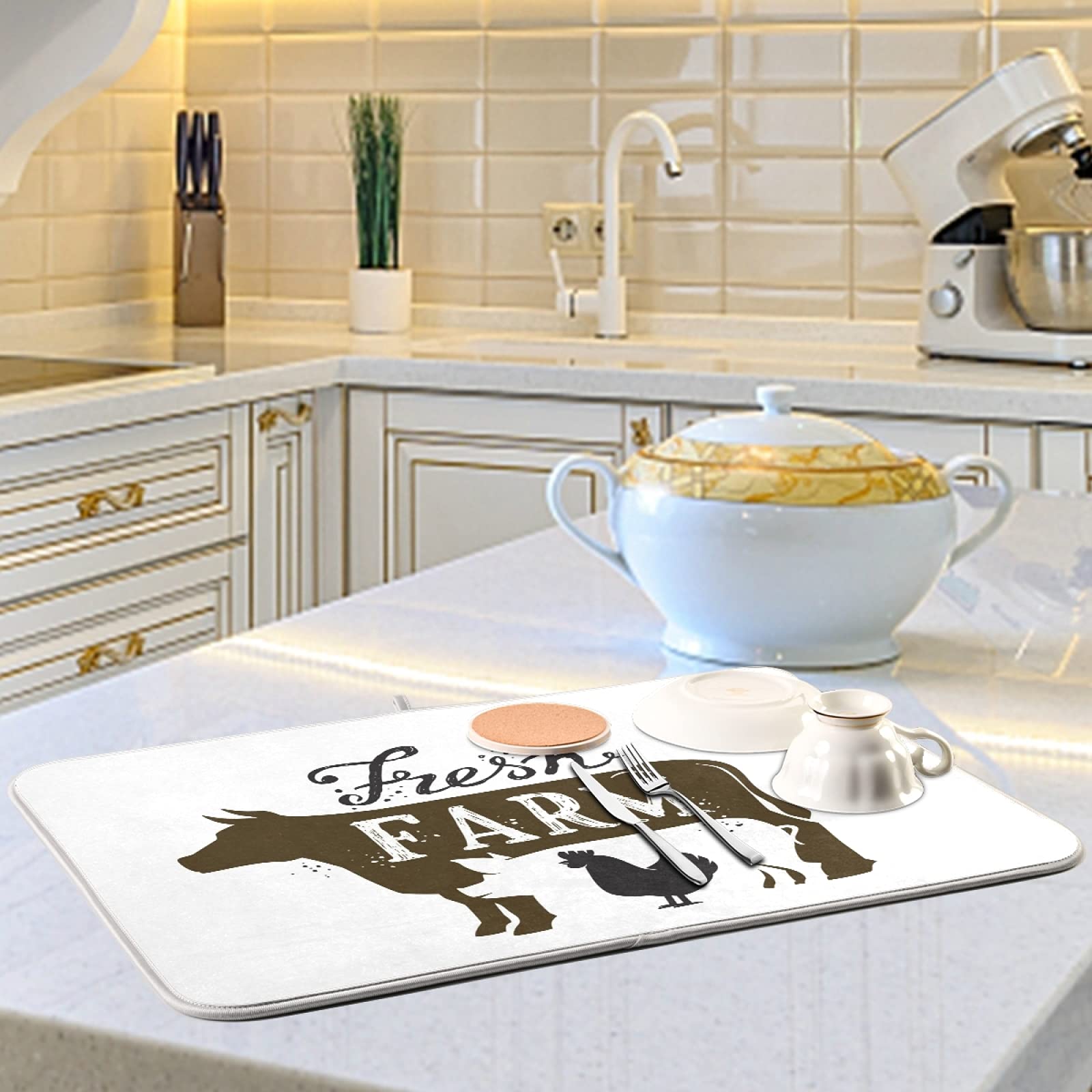 Kcldeci Dish Mat Dish Drying Mat for Kitchen, Kitchen Drying Pad Farmhouse Dish Drainer Rack Farm Cow Rooster Cock Drying Mat 16 X 18 Inch