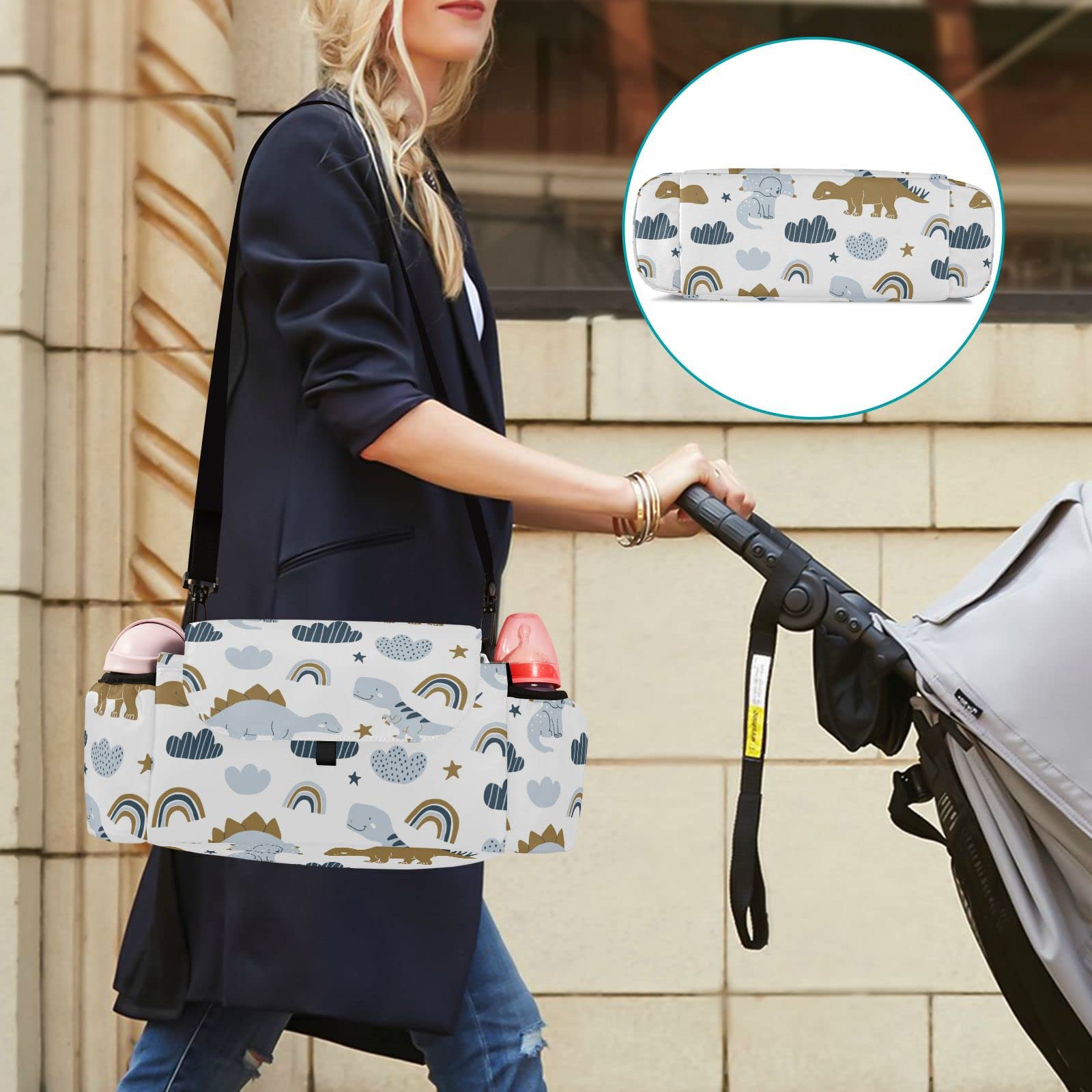 Kigai Cute Blue Dinosaurs Baby Stroller Organizer with Cup Holders, Secure Hooks Accessories Adjustable Strap Stroller Bag for Bottle, Diaper, Phone, Toys, Baby Items