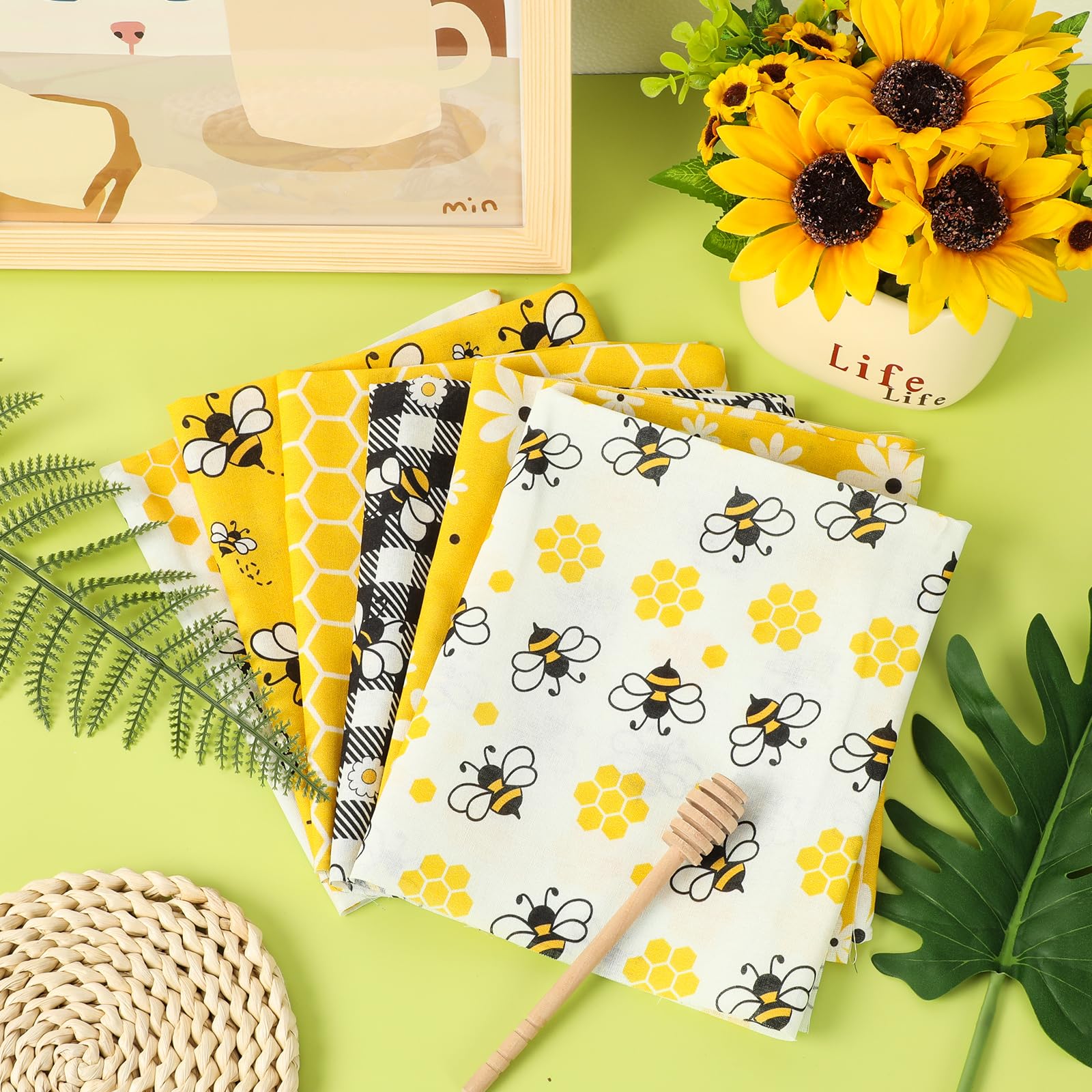 Whaline 6Pcs Summer Cotton Fabric Bundles Bee Daisy Honeycomb Plaid Fat Quarters Bee Theme Quilting Patchwork Squares for DIY Handmade Craft Decor, 18 x 22 Inch