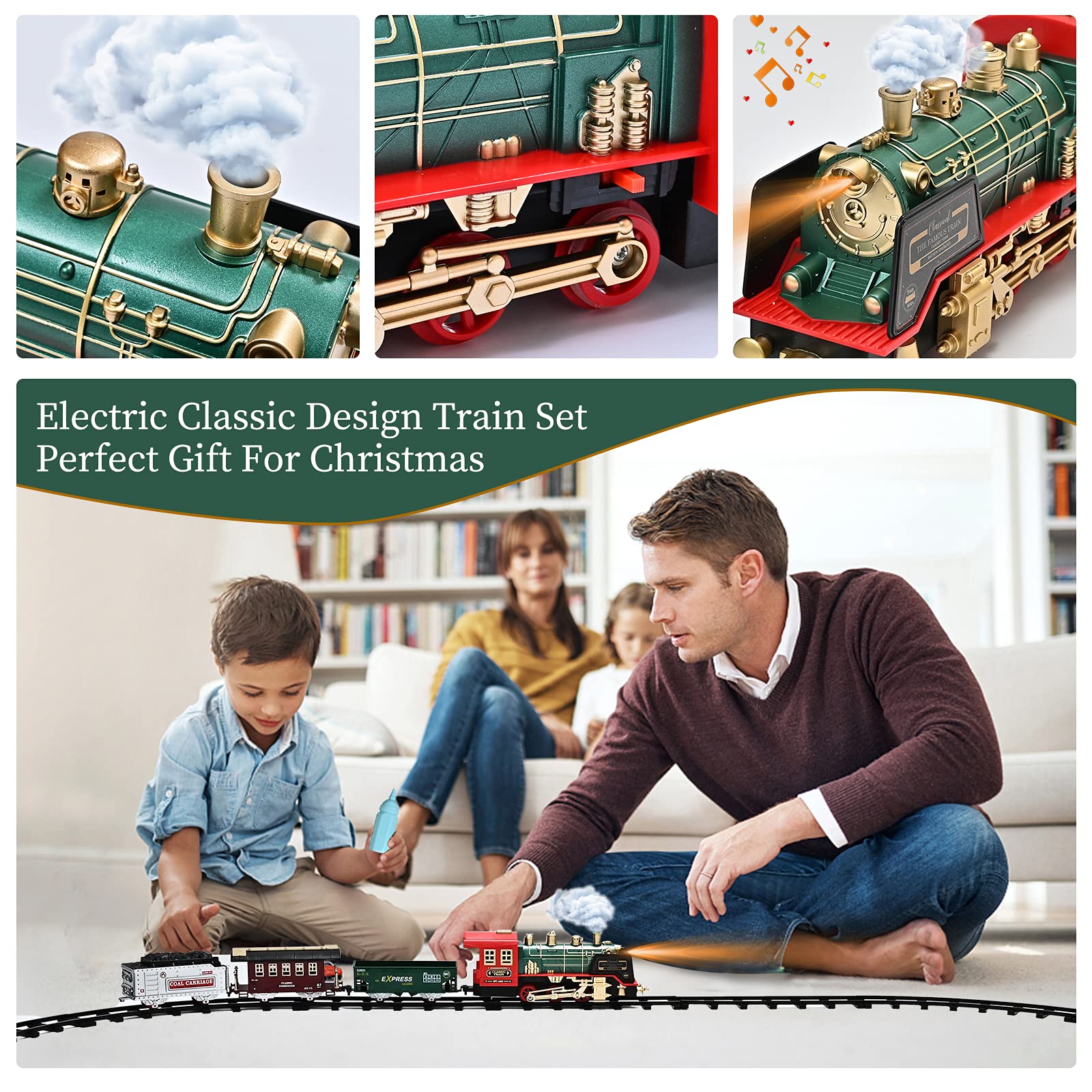FANL Electric Christmas Train Set - Steam Locomotive Engine, Cargo Cars, Tracks - Rechargeable Toy Train Gift for Kids Age 3-6+
