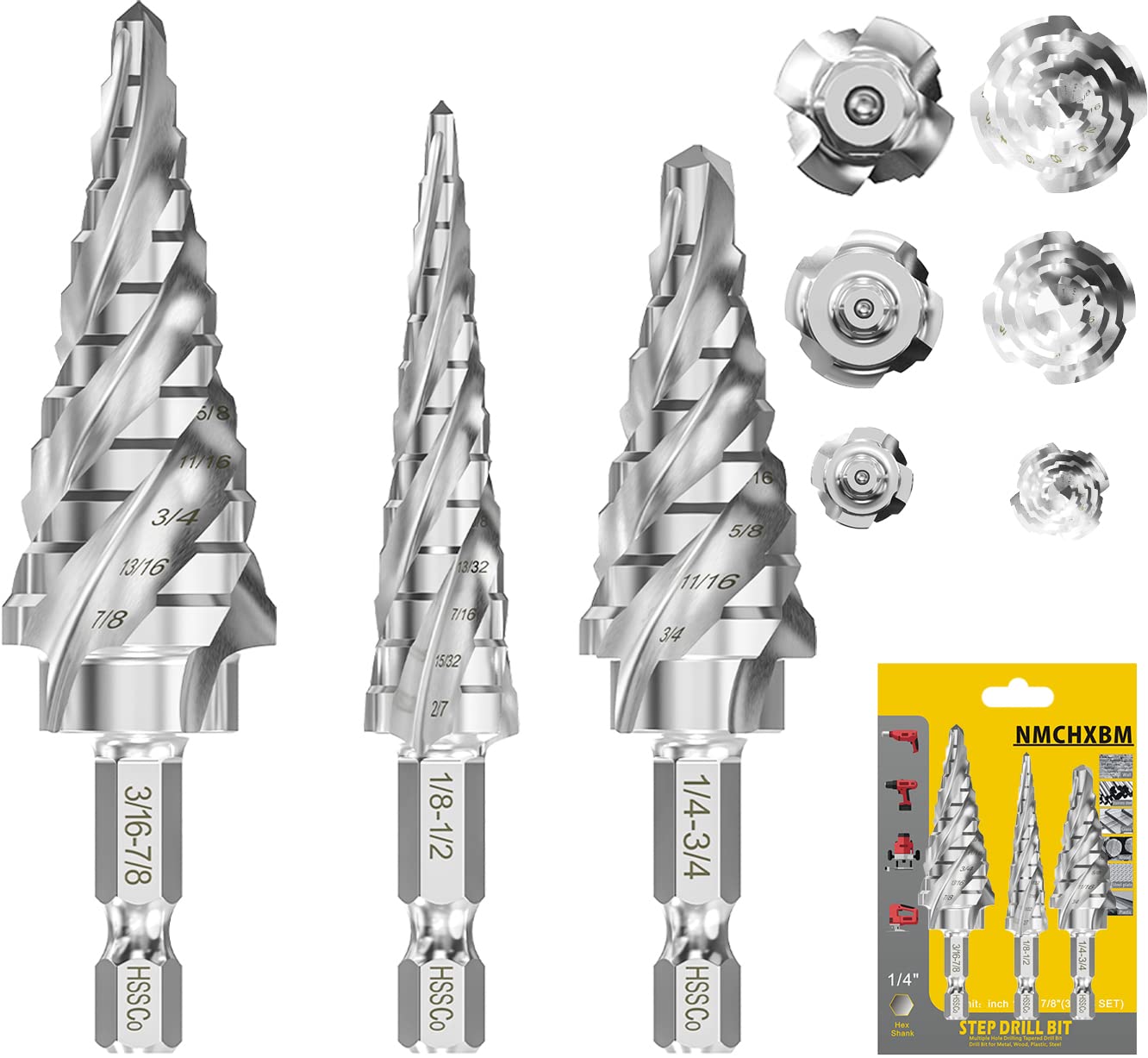 NMCHXBM M35 Cobalt Step Drill Bit 1/8"-7/8" (3PCS,34 Sizes),Four Helical Flutes, 1/4" Hex Shank Drill.M35 Cobalt Step Drill Bit for Working Metal, Wood, Aluminum, Plastic, Great for DIYers