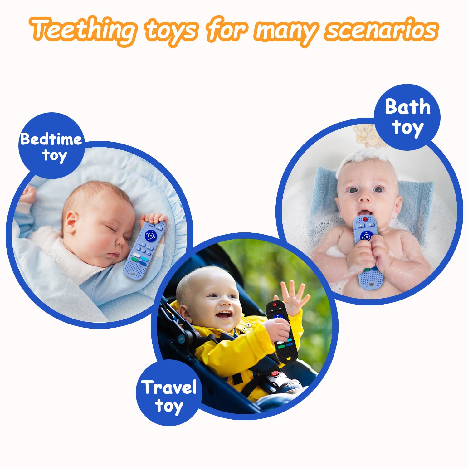 Mgtfbg 2 Pack Soft Silicone Teething Toys for Toddlers, Babies 6-12 Months - Boys Girls Baby Molar Teether Chew Toys Set, Remote Control Shape Teething Toys Gift(Blue+Black)