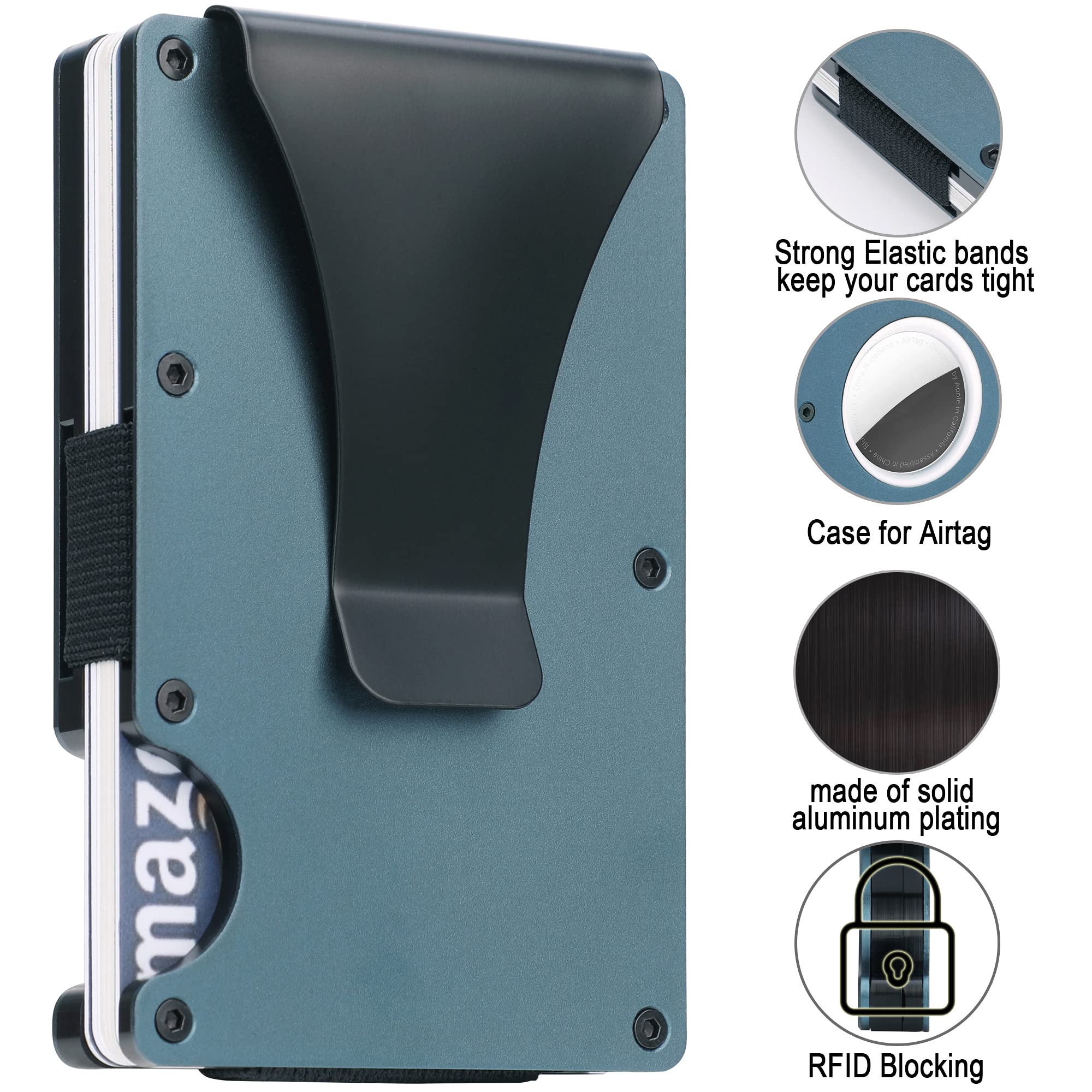 GDTK AirTag Wallet, Slim Minimalist Tactical Wallet With Money Clip AirTag Holder RFID Blocking Protection (Blue)