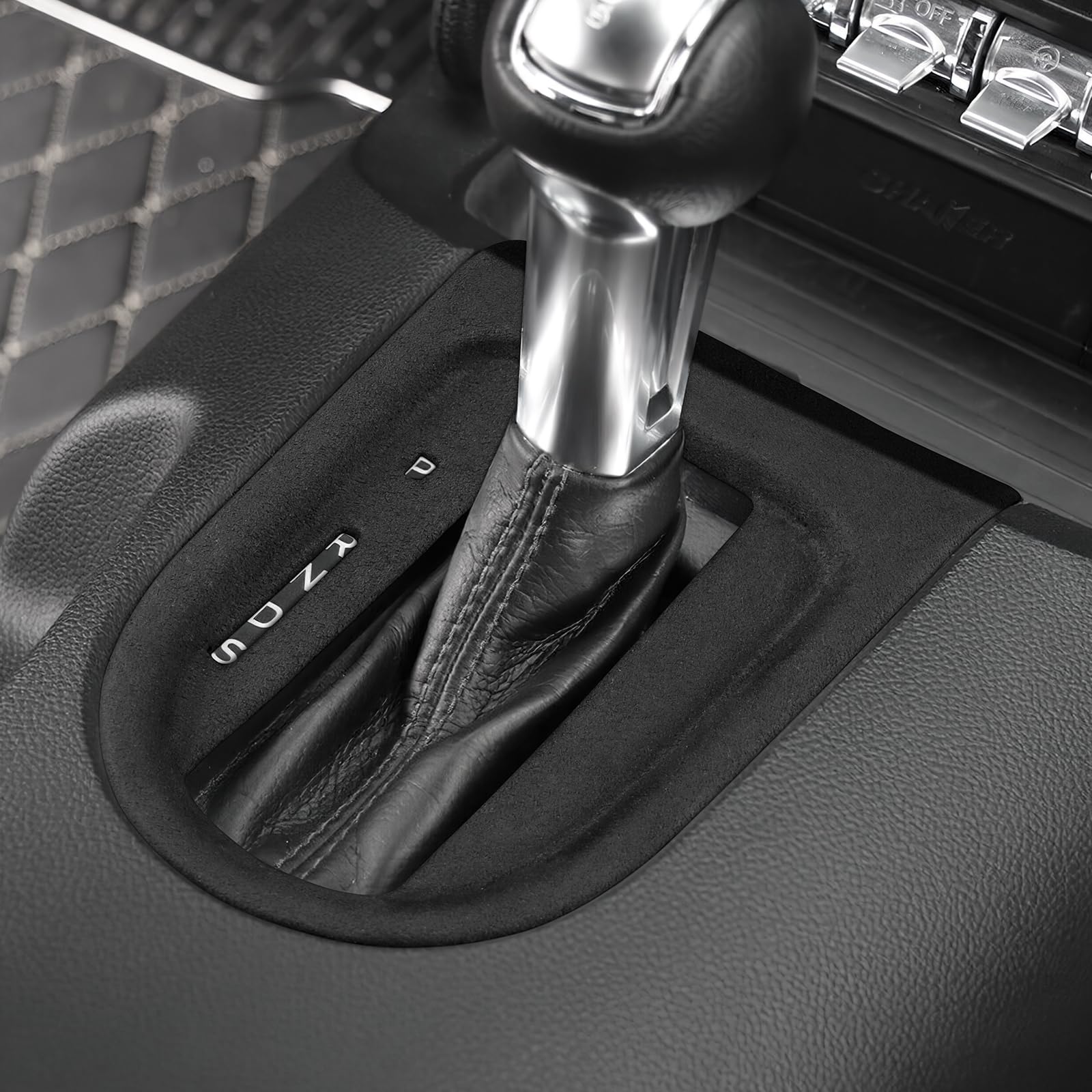 FDAIUN Car Gear Shift Box Panel Frame Shift Knob Cover Alcantara Style Interior Decoration Accessories for Ford Mustang 2015 2016 2017 2018 2019 2020 2021 2022(Black 1pcs)
