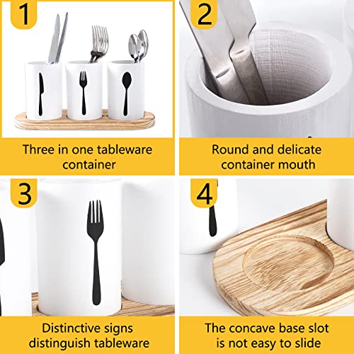 Silverware Organiser - Set of 3 (with wooden tray) Tabletop wooden silverware holder utensil holder for forks spoons knives party kitchen holder silverwareliving room Restaurant(white white white)