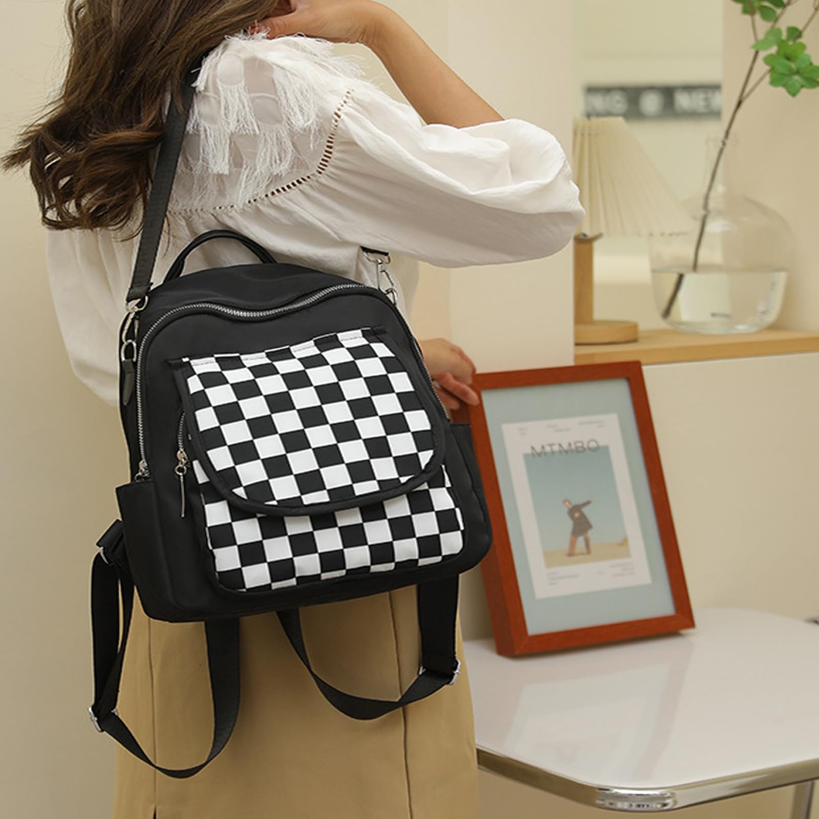 FARMARK Black White Checkered Plaid Small Backpack Purse for Women, Mini Designer Travel Backpack Purses Nylon Fashion Ladies Shoulder Bag with Convertible Strap