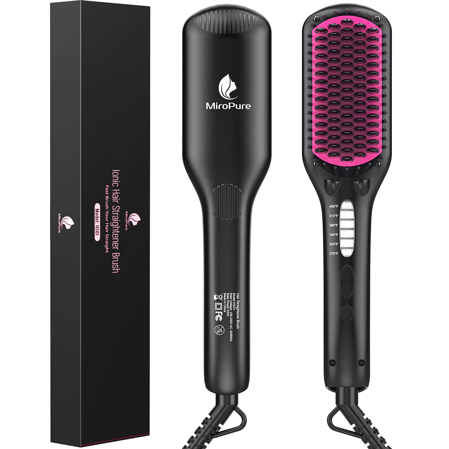 Hair Straightener Brush, MiroPure Ionic Anti-Scald Straightening Brush with Fast MCH Ceramic Heating, Adjustable Temperatures, Auto-Off & Dual Voltage, Portable Straightening Comb