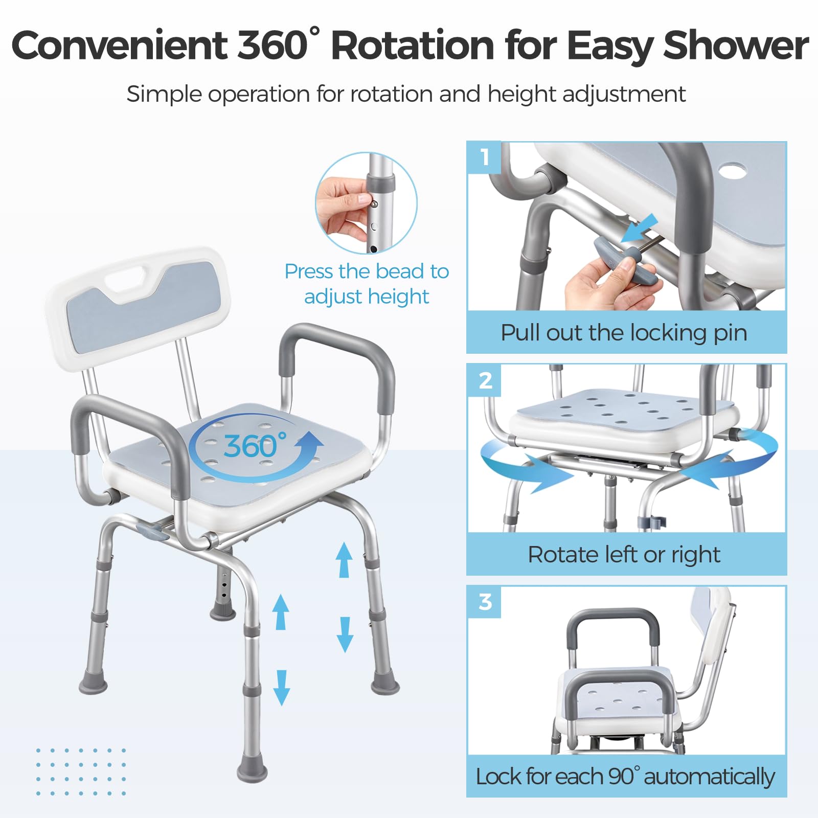 Swivel Shower Chair with Arms and Back, Hybodies Rotatable Shower Chair with Adjustable Height, Non-Slip Bath Tub Transfer Stool, Safe Adjustable Handicap Stool for Inside Bathtub Bathroom