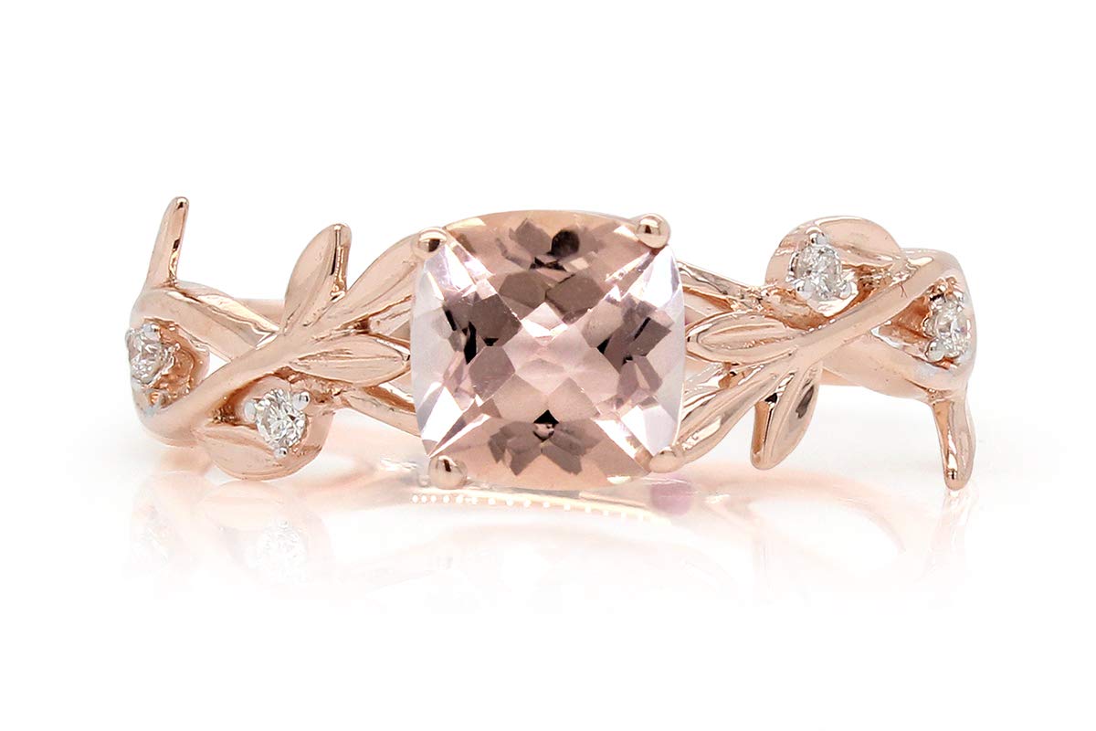 GEMVIO Collection Cushion Cut 6MM Morganite Solitaire Gemstone & Diamond Accent Vine Leaf in 14k Rose Gold Over Sterling Silver Engagement Promise Statement Wedding Ring(0.83Cttw) Size-7
