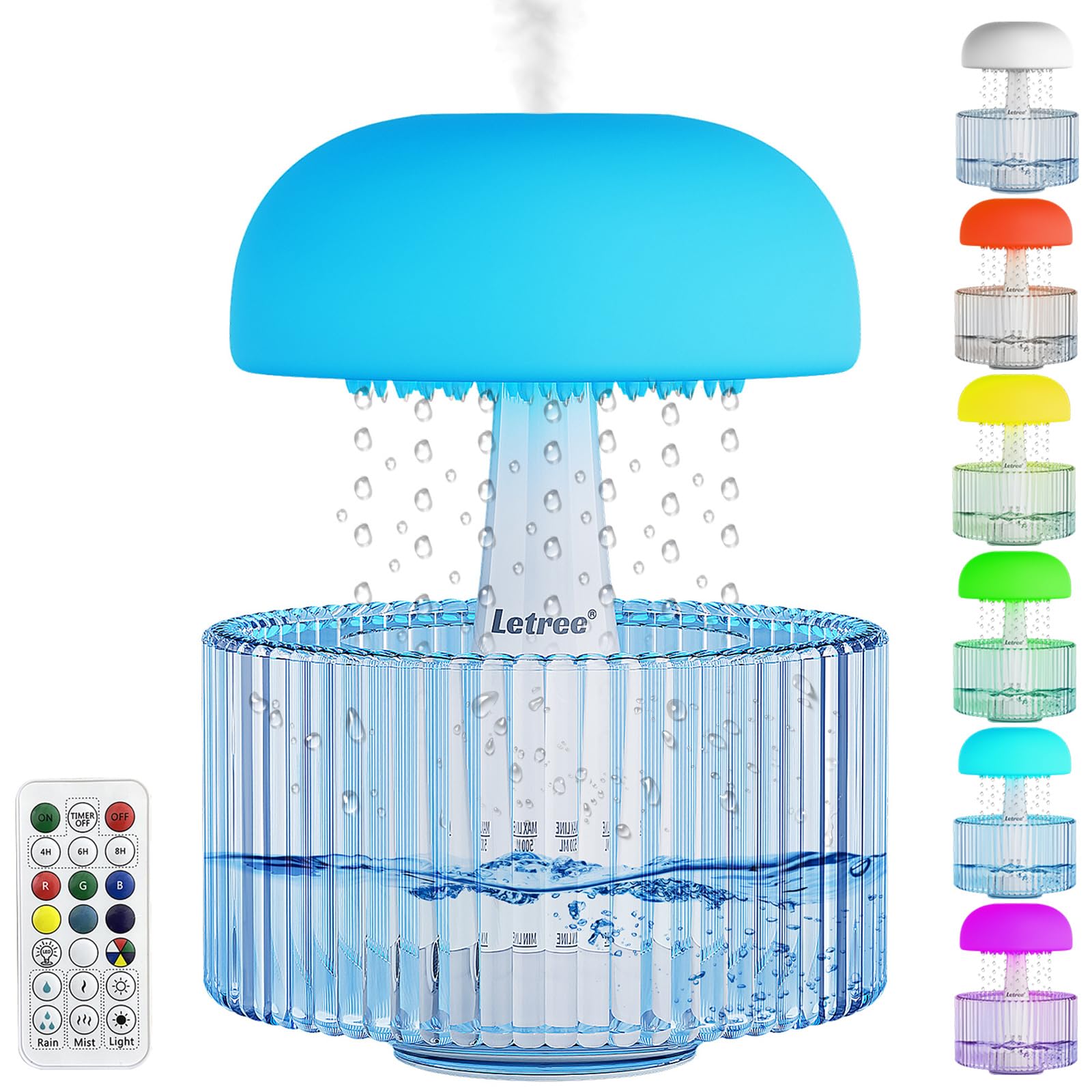 Letree Rain Cloud Humidifier Diffuser Water Drip Air Humidifiers Mushroom Waterfall Lamp Humidifier Rain Drop Sounds White Noise Remote Aromatherapy Essential Oil Diffuser for Bedroom Home