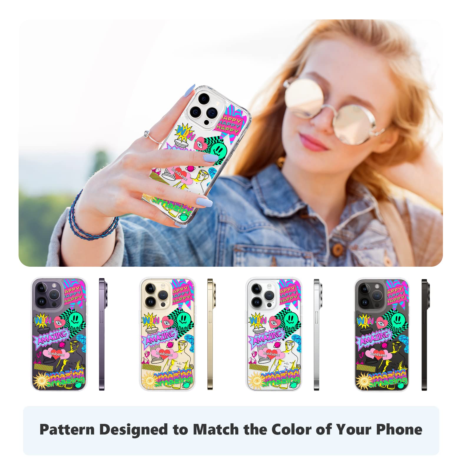 KRKC Compatible with iPhone 14 Pro Max Case, Clear Phone Case Cover with TPU Bumper Full Protecttion and Silm PC Hard Back, Aesthetics Designed for iPhone 14 Pro Max 6.7", (Street Graffiti)