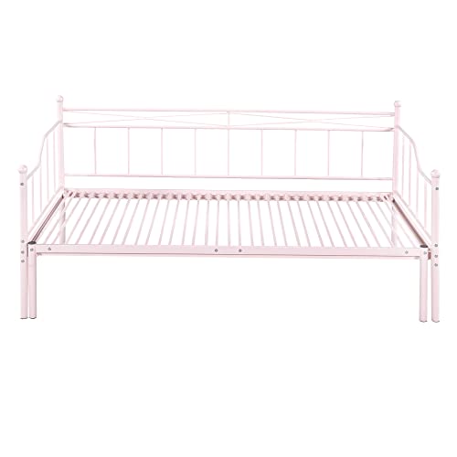 LCH Twin Size Daybed with Trundle, Metal Day Bed with Steel Slat Support,Sofa Bed Frame for Children, Teens and Adults, No Spring Box Need, Suitable for Bedroom, Apartment and Dorm, Pink
