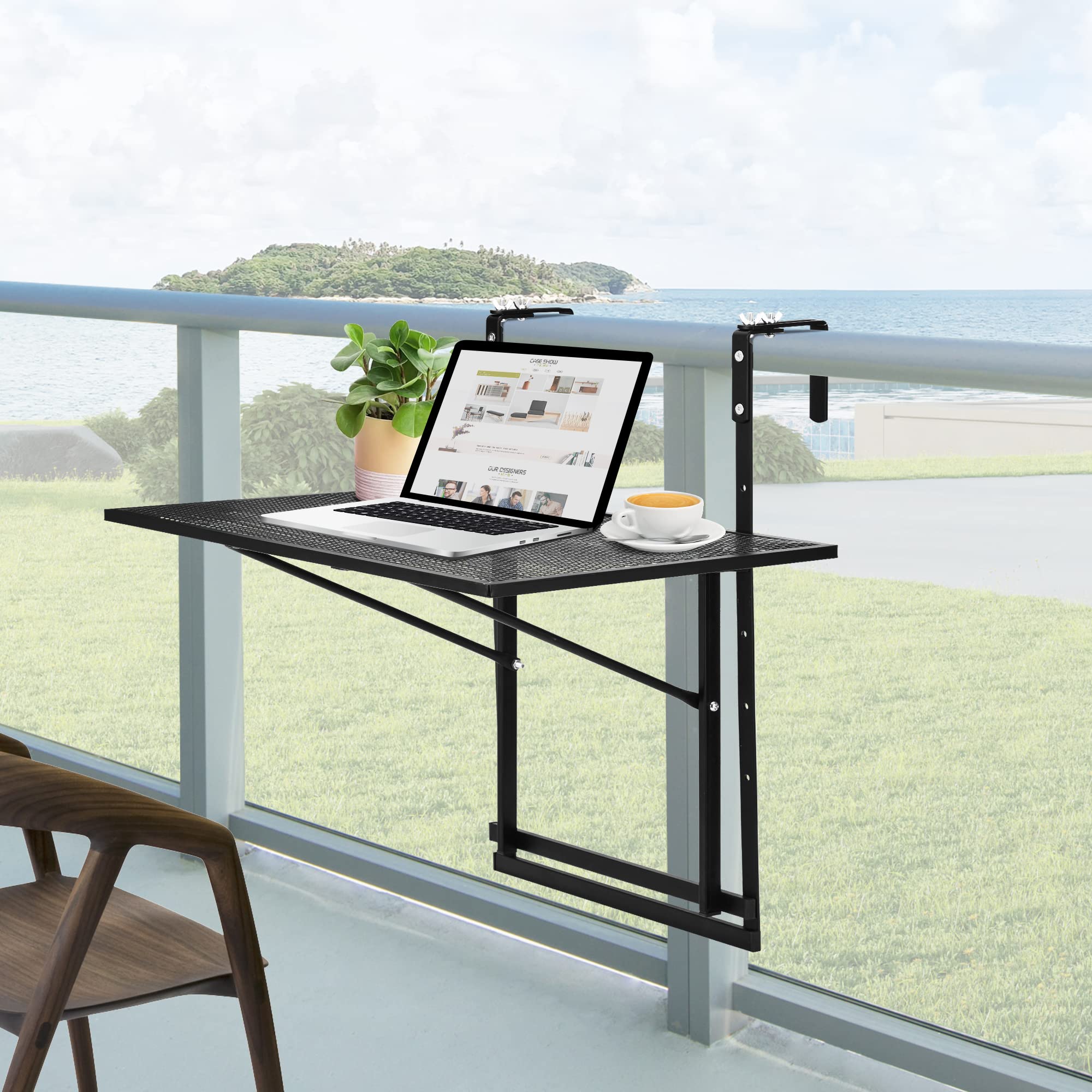 Eusuncaly Balcony Railing Table Patio Folding Hanging Desk Balcony Bar Table for Railings,5-Level Height Adjustable,Metal Folding Table for Balcony Patio Deck Window,24" x 15.7" Black