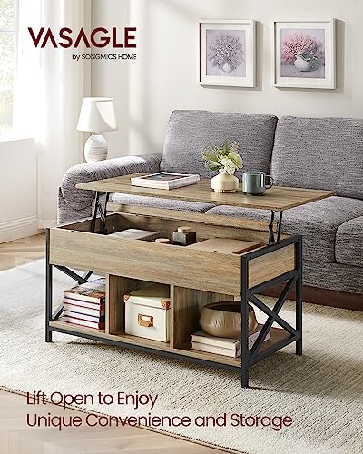 VASAGLE Lift Top Coffee Table for Living Room, Industrial Coffee Table with Hidden Compartments and Storage Shelf, Steel Frame, 19.7 x 39.4 x (19.3-24.4) Inches, Oak with Blue Grains ULCT202B60