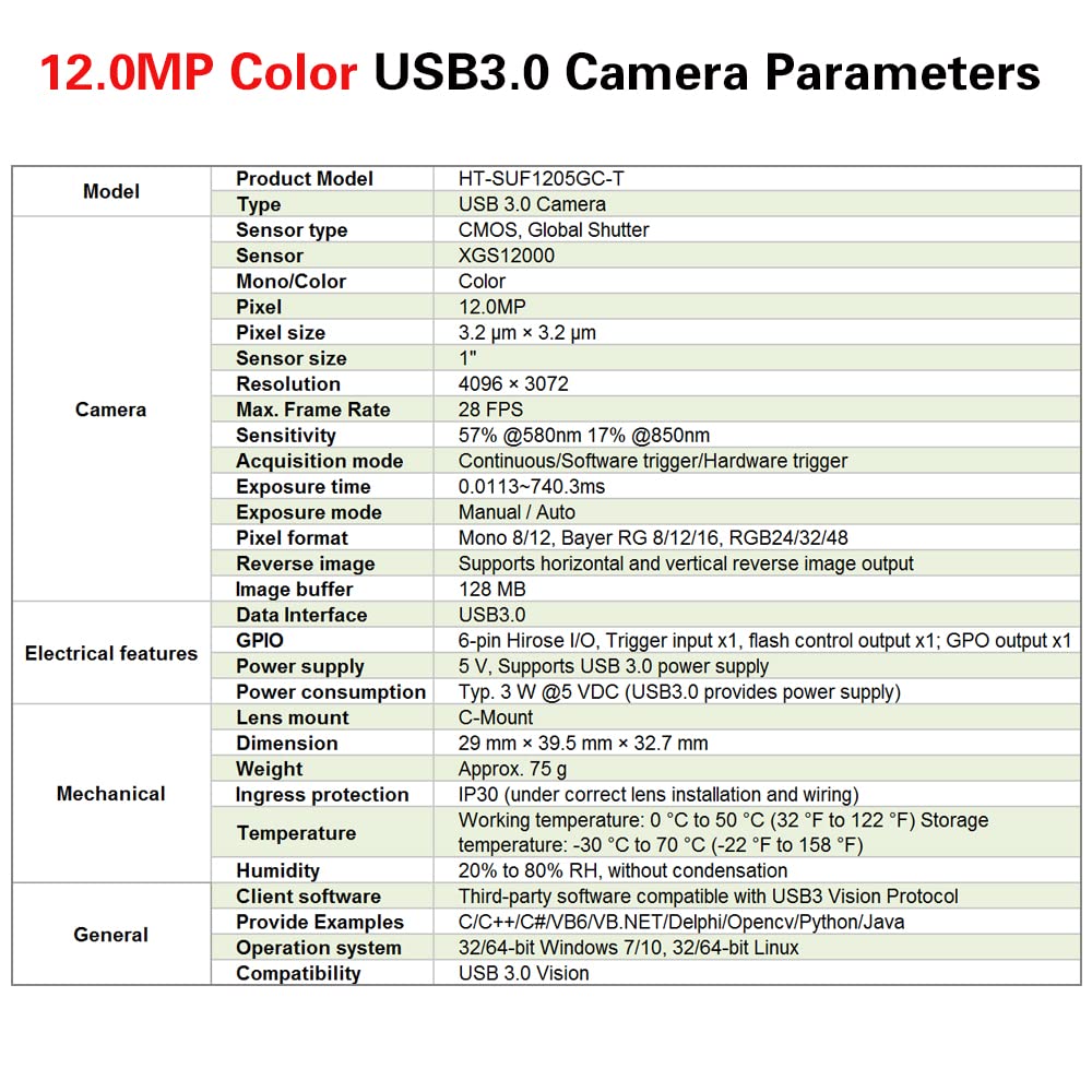 HTENG VISHI High Speed USB3.0 Color 12MP 1" Industrial Camera Machine Vision Global Shutter C-Mouth OpenCV Python SDK Area Scan Camera 4096X3072 28FPS Indoor