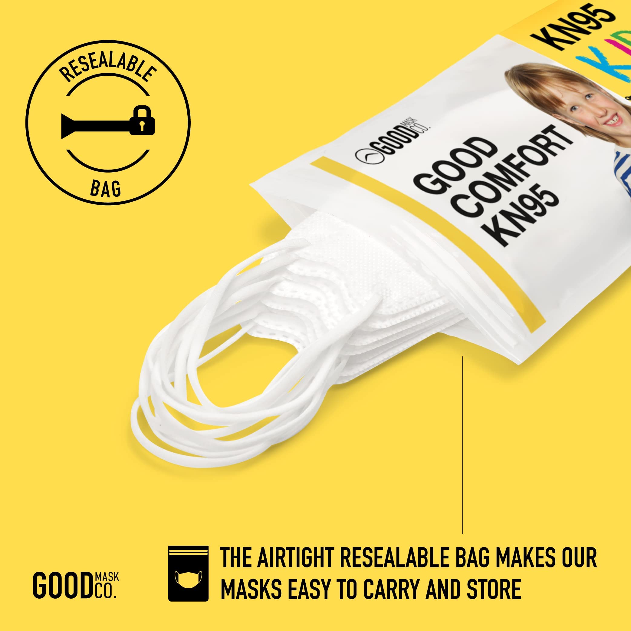 Good Mask Co. Good Comfort Kids KN95 Face Mask, Disposable KN95 Face Mask, Folding, Comfortable Face Masks, Bulk Face Masks (10 Pack of Masks, White)