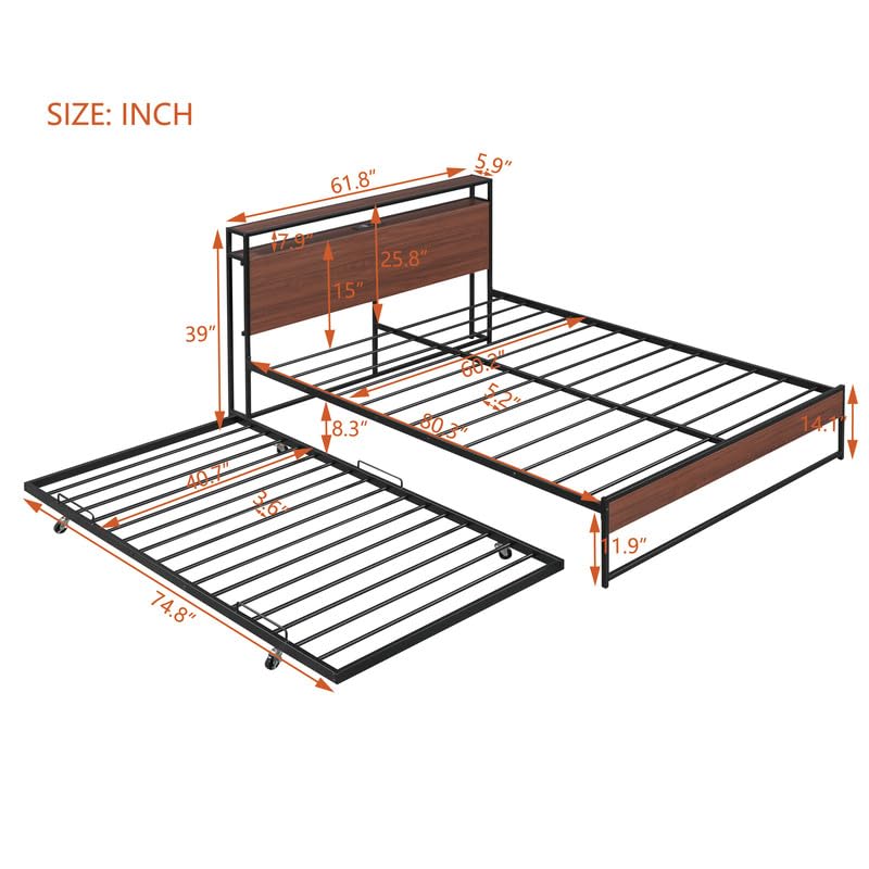 FDSPDO Queen Size Metal Platform Bed Frame with Trundle, USB Ports and Slat Support,No Box Spring Needed Black