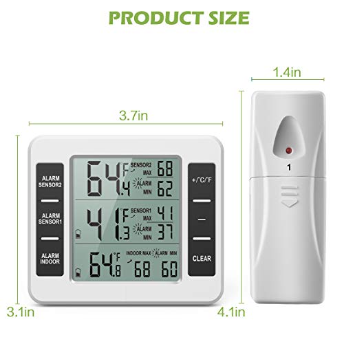 KeeKit Refrigerator Thermometer, Indoor Outdoor Thermometer with 2 Sensors, Wireless Digital Freezer Thermometer with Audible Alarm Temperature Gauge, Min/Max Record for Home, Kitchen β White