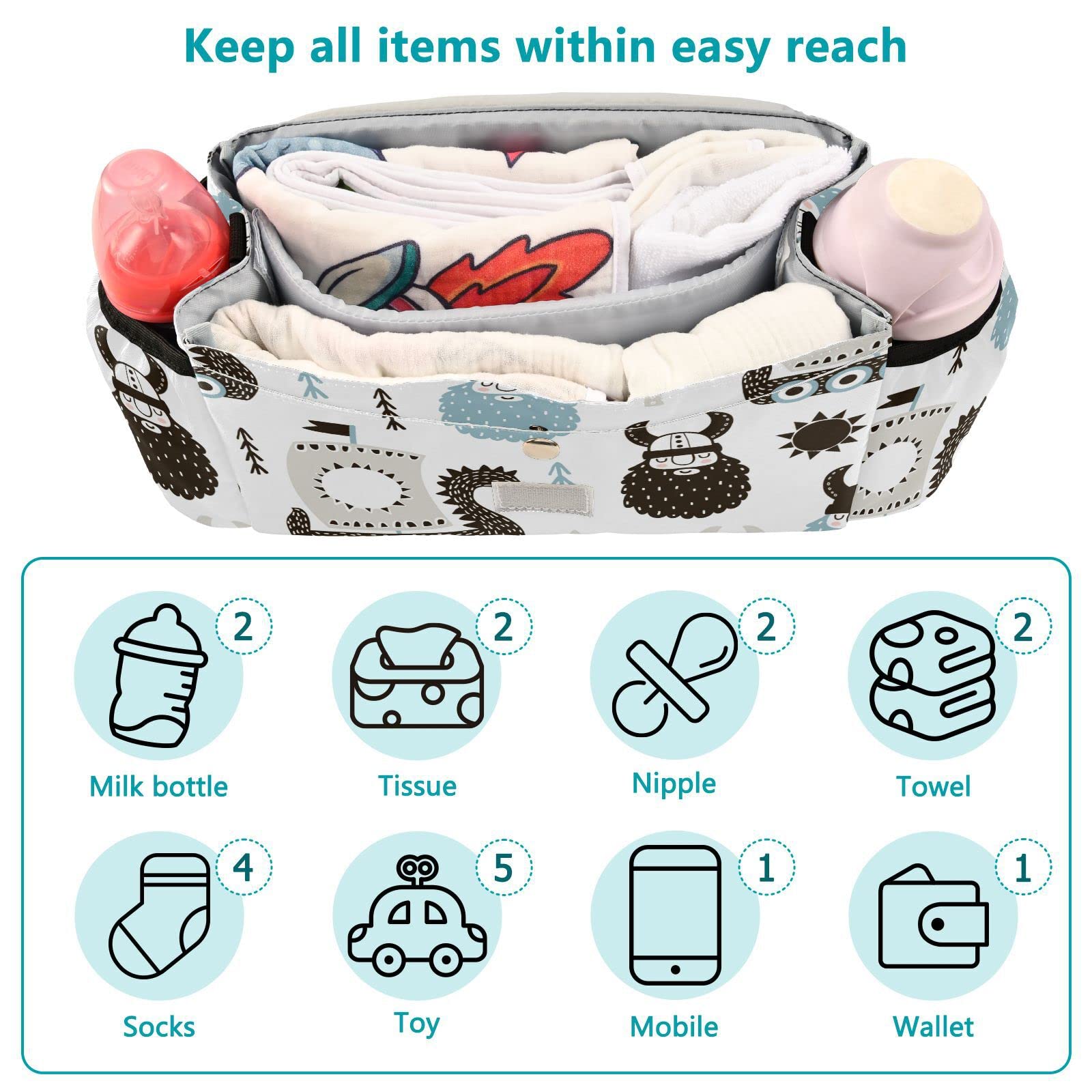 Kigai Viking Boat White Baby Stroller Organizer with Cup Holders, Secure Hooks Accessories Adjustable Strap Stroller Bag for Bottle, Diaper, Phone, Toys, Baby Items