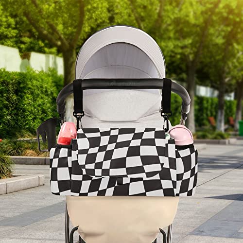 Kigai Y2k Curvy Chessboard Baby Stroller Organizer with Cup Holders, Secure Hooks Accessories Adjustable Strap Stroller Bag for Bottle, Diaper, Phone, Toys, Baby Items
