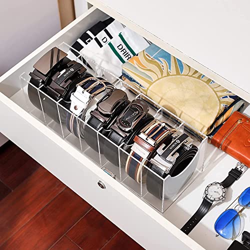 SefiHome Belt Storage Organizer, 7 Compartments Acrylic Belt Organizer, Clear Belt Holder for Closet, Belt Holder for Tie, Bow Tie, Wallets, Watches, Makeup, Jewelry