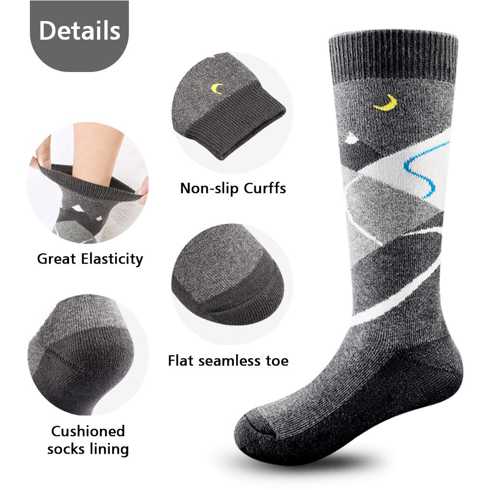 FanNicoo 3 Pack Kids Ski Socks OTC Warm Soft Non-Slip Cuff Winter Skiing Outdoor for Girls Boys(Orange+Gray+Blue), Medium
