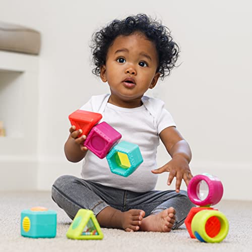 Infantino Peek & See Activity Blocks - Fine Motor Skills, Stacking Play, Block Set, Sensory Play, Rattle Sounds, Shapes, Colors, Tactile Multi-Textured Blocks, Easy Press & Stay Design, 6+ Months