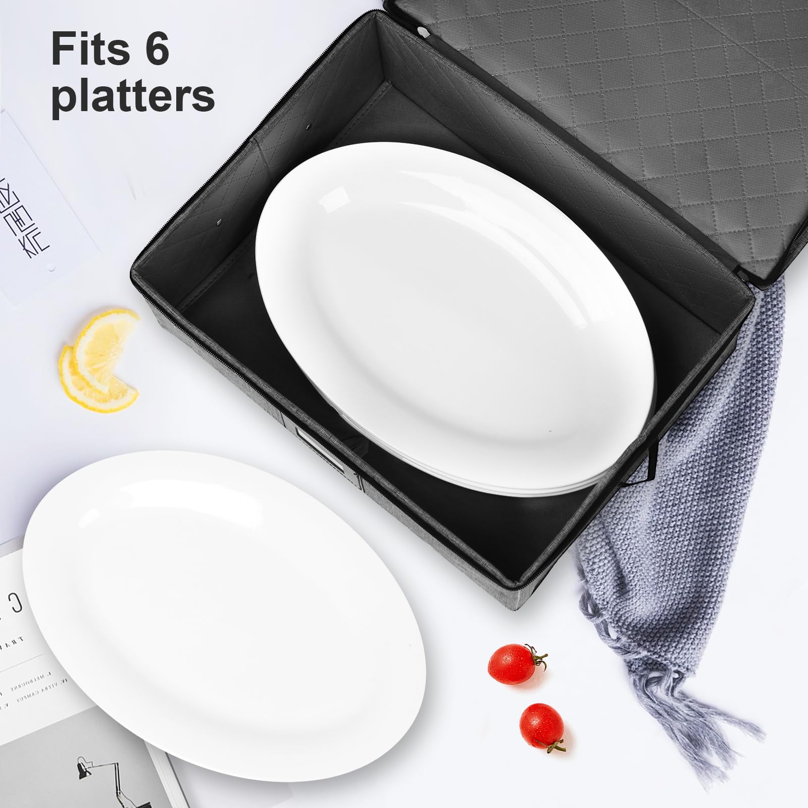 Gowee China Storage Containers Hard Shell, Platter Storage Case 17" x 13" x 6" for Dinnerware Storage and Transport, 5 Felt Dividers Included, Structured Top and Stackable (Black)