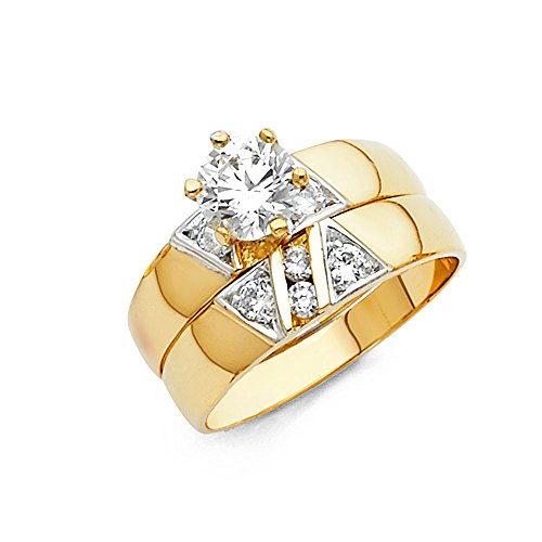 FB JEWELS 14K Yellow Gold Round Cubic Zirconia CZ Wedding Band and Engagement Bridal Ring Two Piece Set Size 5
