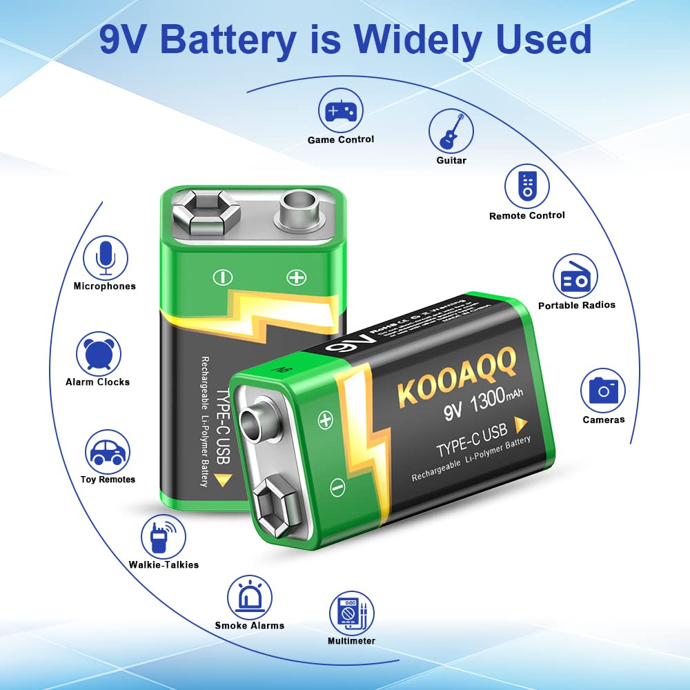 KOOAQQ 9V Lithium Battery, High Capacity 1300mAh, with 2 in 1 USB-C Charging Cable,Rechargeable 9 Volt Square Batteries for Smoke Detector/Alarms,Wireless Microphones,Metal Detector (2 Count 9V 1300)