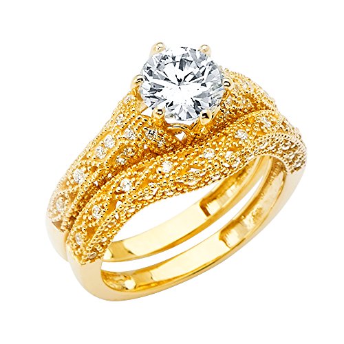 FB JEWELS 14K Yellow Gold Cubic Zirconia CZ Wedding Band and Engagement Bridal Ring Two Piece Set Size 5.5