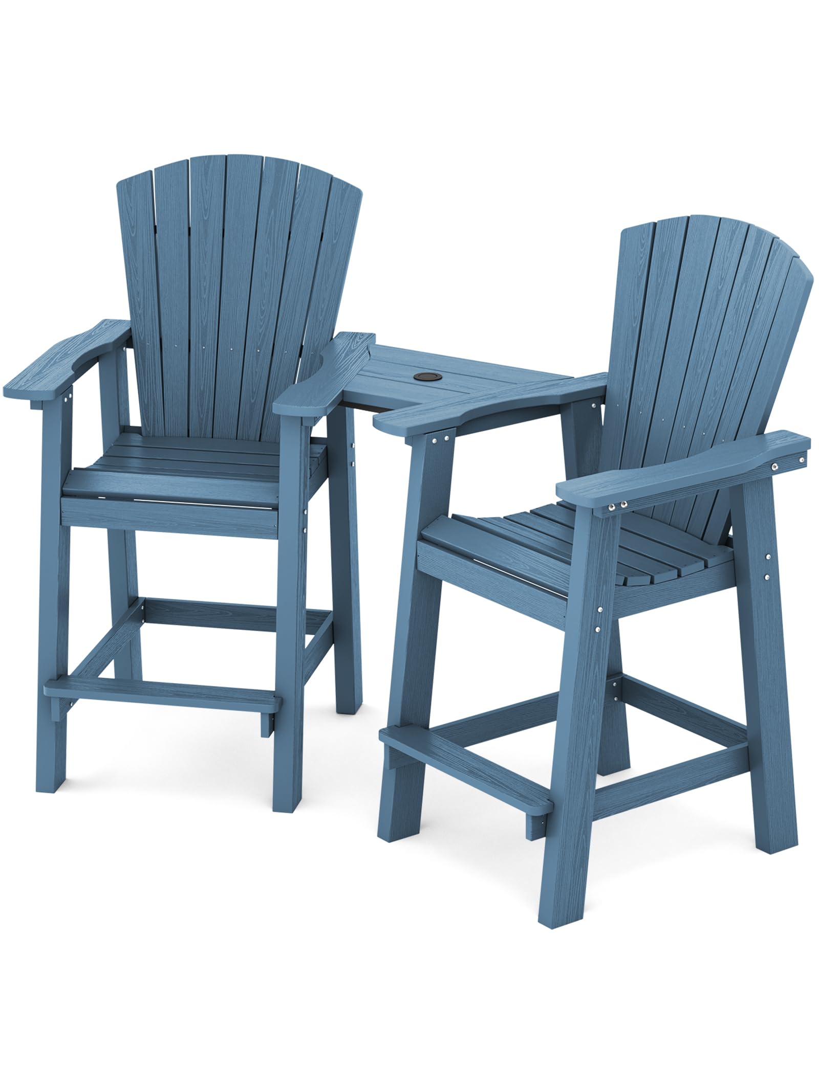 KINGYES Embossed Balcony Chair, Tall Adirondack Chair Set of 2 Outdoor Adirondack Barstools with Connecting Tray, High Airondack Chair with Wood Grain, Blue