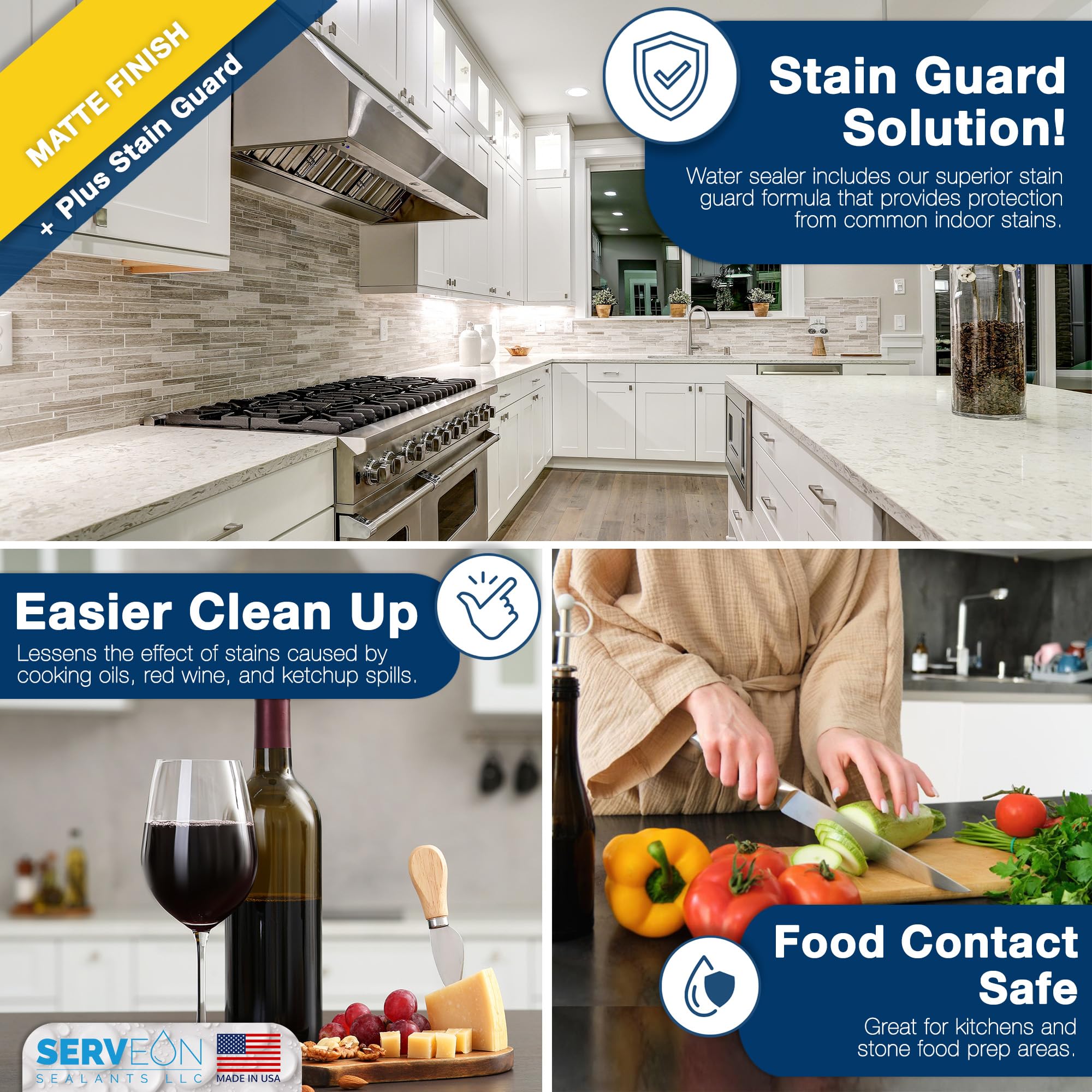 Serveon Sealants Kitchen & Bathroom Sealer Plus Stain Guard (Matte Finish) Commercial Grade Tile Grout Sealer Waterproof Sealant - Granite Countertop Slate Natural Stone Shower Floors (1 Quart) H2900C