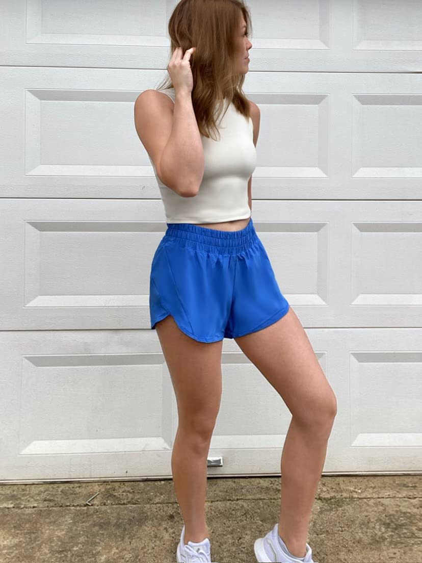 HeyNuts Stride Running Shorts for Women, Mid Waisted Athletic Shorts with Side Pocket Workout Shorts with Liner 4'' Dazzling Blue S(4/6)