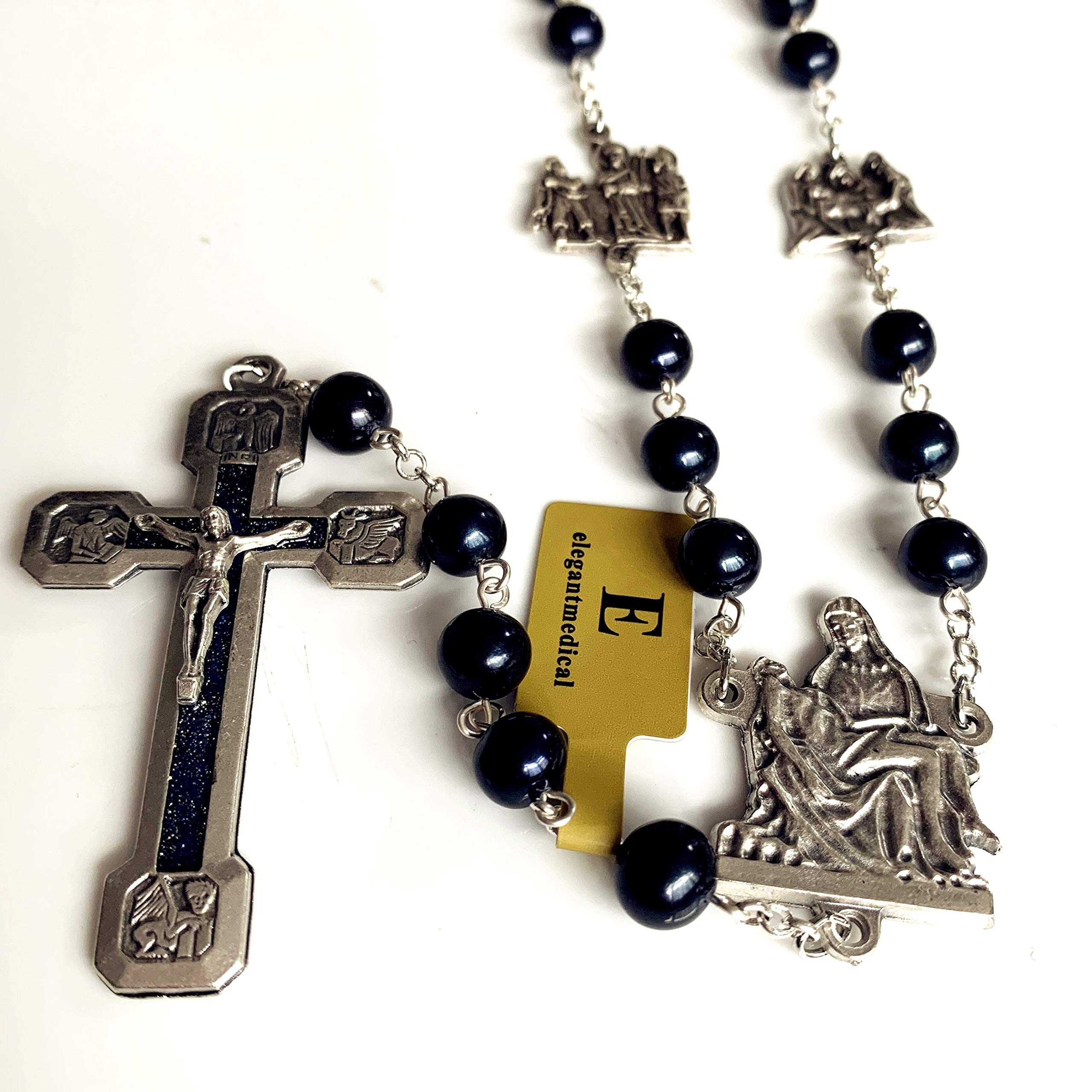 elegantmedical Stations of the Cross Prayer Rosary Real Black Pearl Beads Necklace Catholic Gifts Box