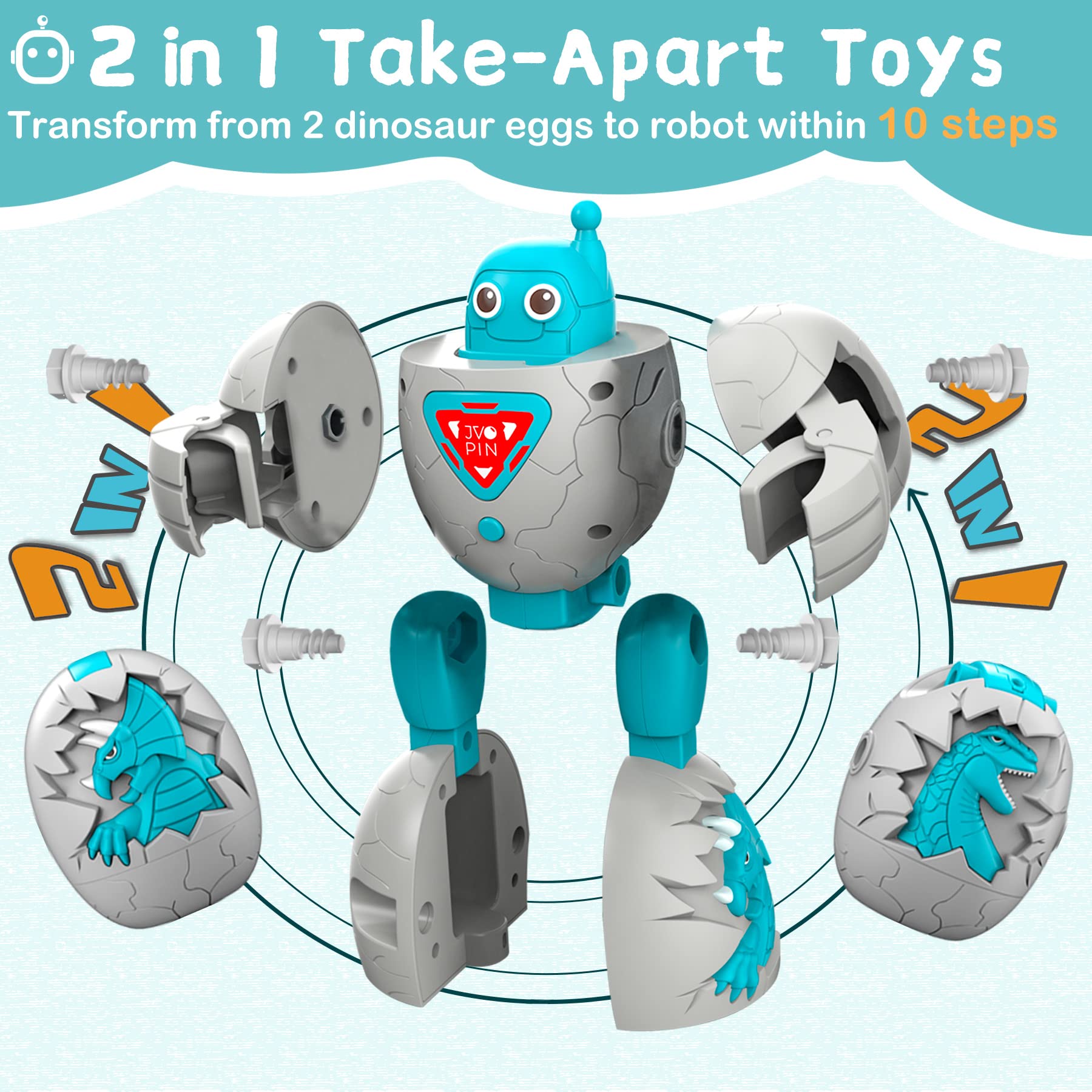 JVOPIN 3+ Year Old Kids Toys - Take Apart Dinosaur Eggs Transform into Robot with Realistic Sound, STEM Educational Construction, Easter Gifts for Boys & Girls Ages 3-8