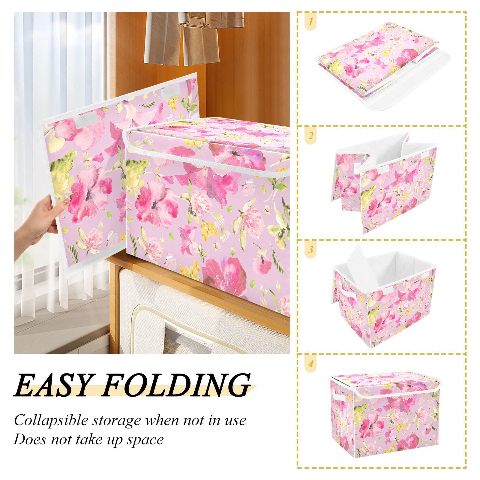 GUIJI Petunias Pink Fabric Storage Bins with Lids and Handle,Foldable Storage Bins with Lids,Closet Organizers for Clothes Storage,Room Organization, Office Storage, Chest Organizer