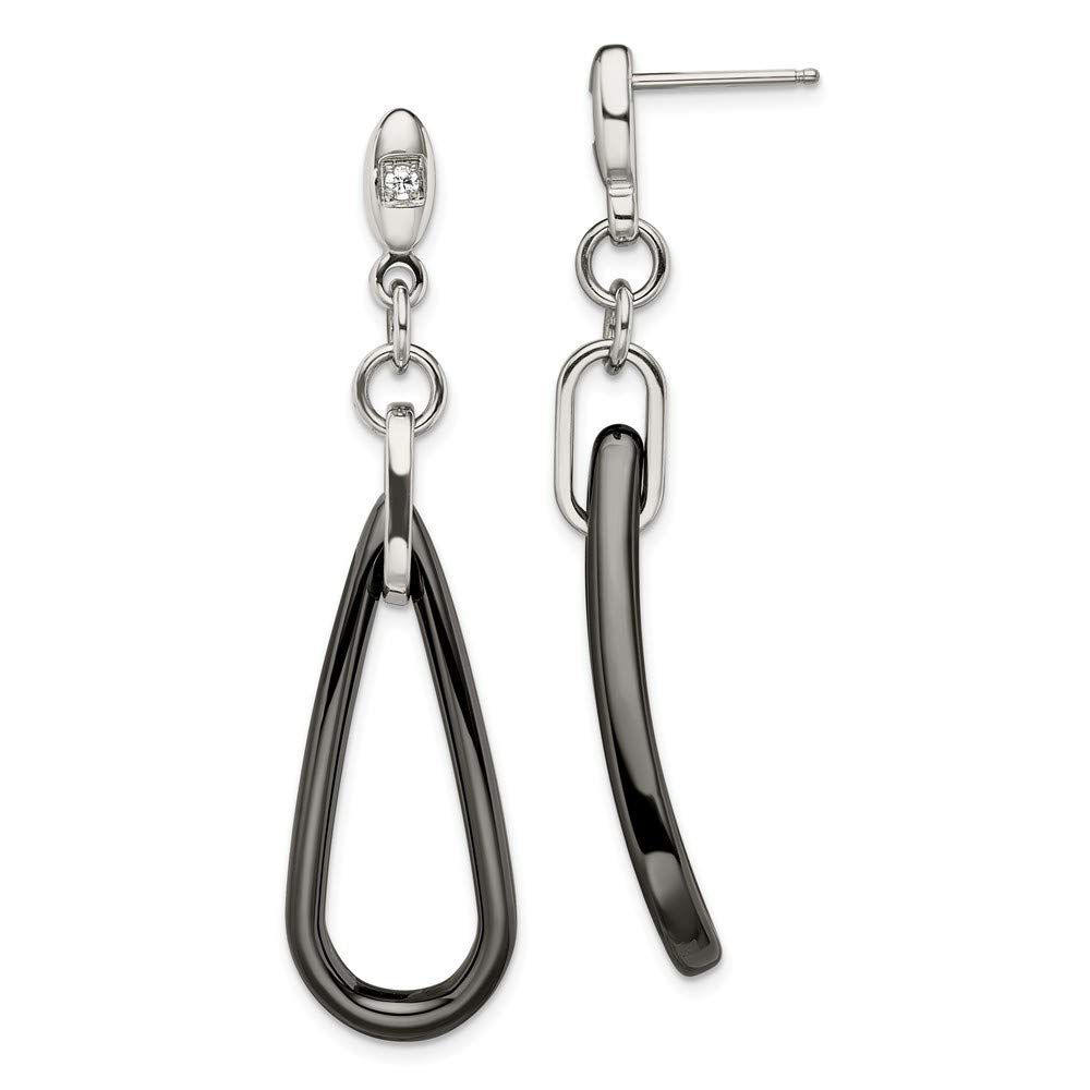 FB Jewels Solid Stainless Steel Polished Black Ceramic CZ Cubic Zirconia Dangle Post Earrings