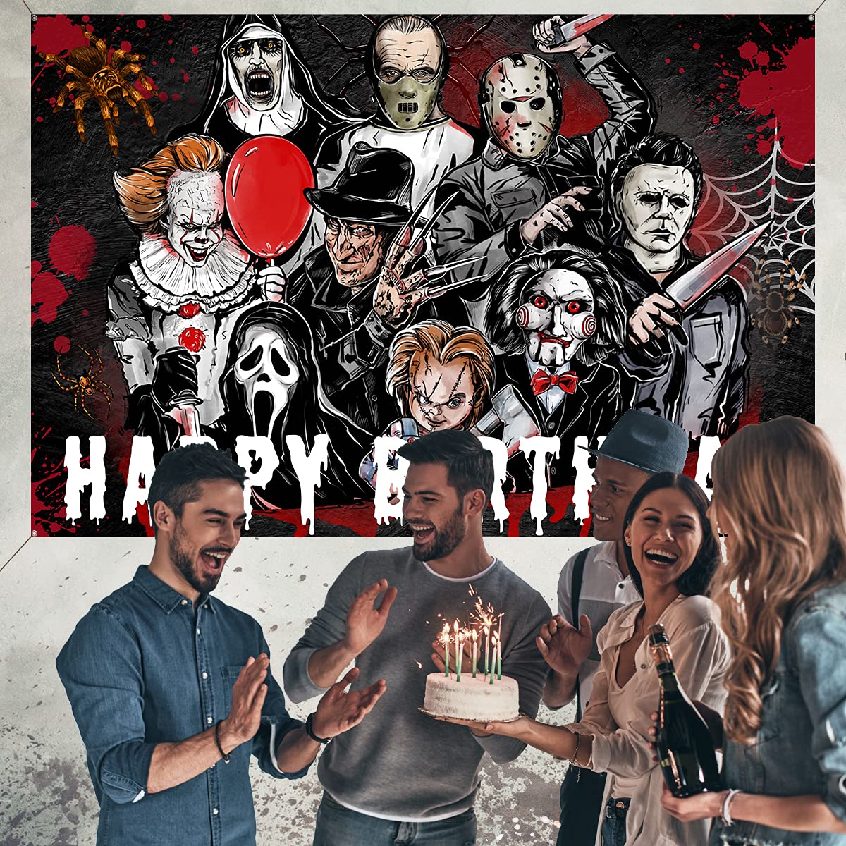 Halloween Birthday Backdrop-Horror Birthday Decorations Horror Classic Movie Character Photograph Background for Scary Birthday Party