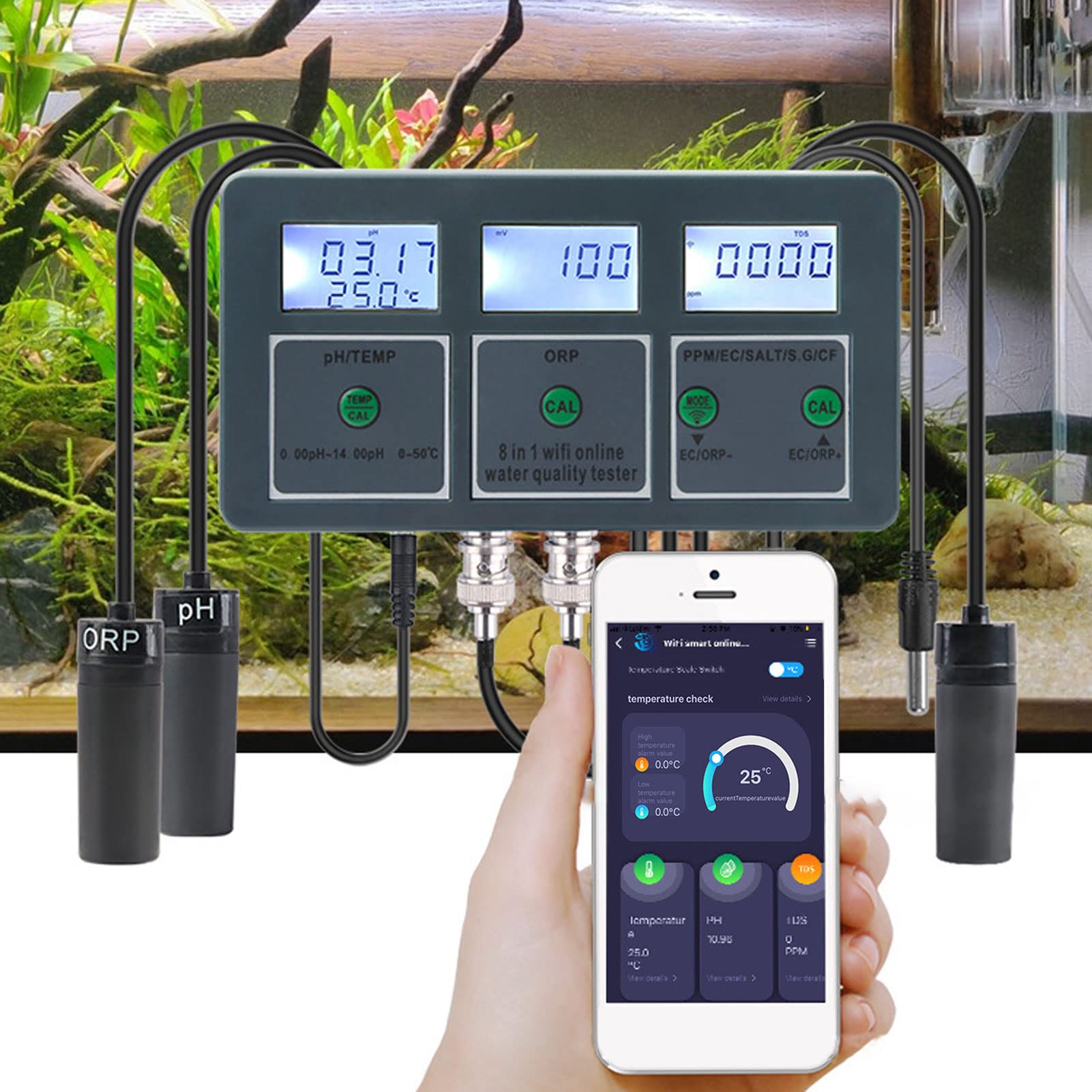 Multi Parameter Water Quality Tester, PH Meter S.G PH EC Salt ORP TDS CF Temp 8 in 1 Rechargeable Online Monitoring for Aquarium