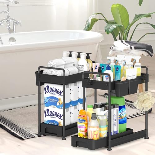 Panta Under Sink Organizer 2 Pack, 2-Tier Sliding Cabinet Organizers and Storage with Hooks, Large Capacity Pull-out Under Sink Shelf, Multi-Use Under Sink Storage for Bathroom and Kitchen