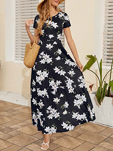 ZABERRY Womens Floral Maxi Dresses Summer Short Sleeve Round Neck Long Dress Lily Floral L