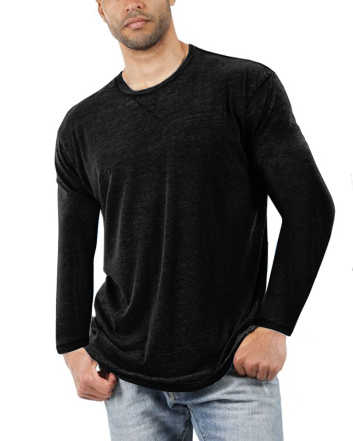 Fashion Mens Long Sleeve Athletic T Shirts Cotton Crew Neck Undershirt Workout Running Gym Top Black