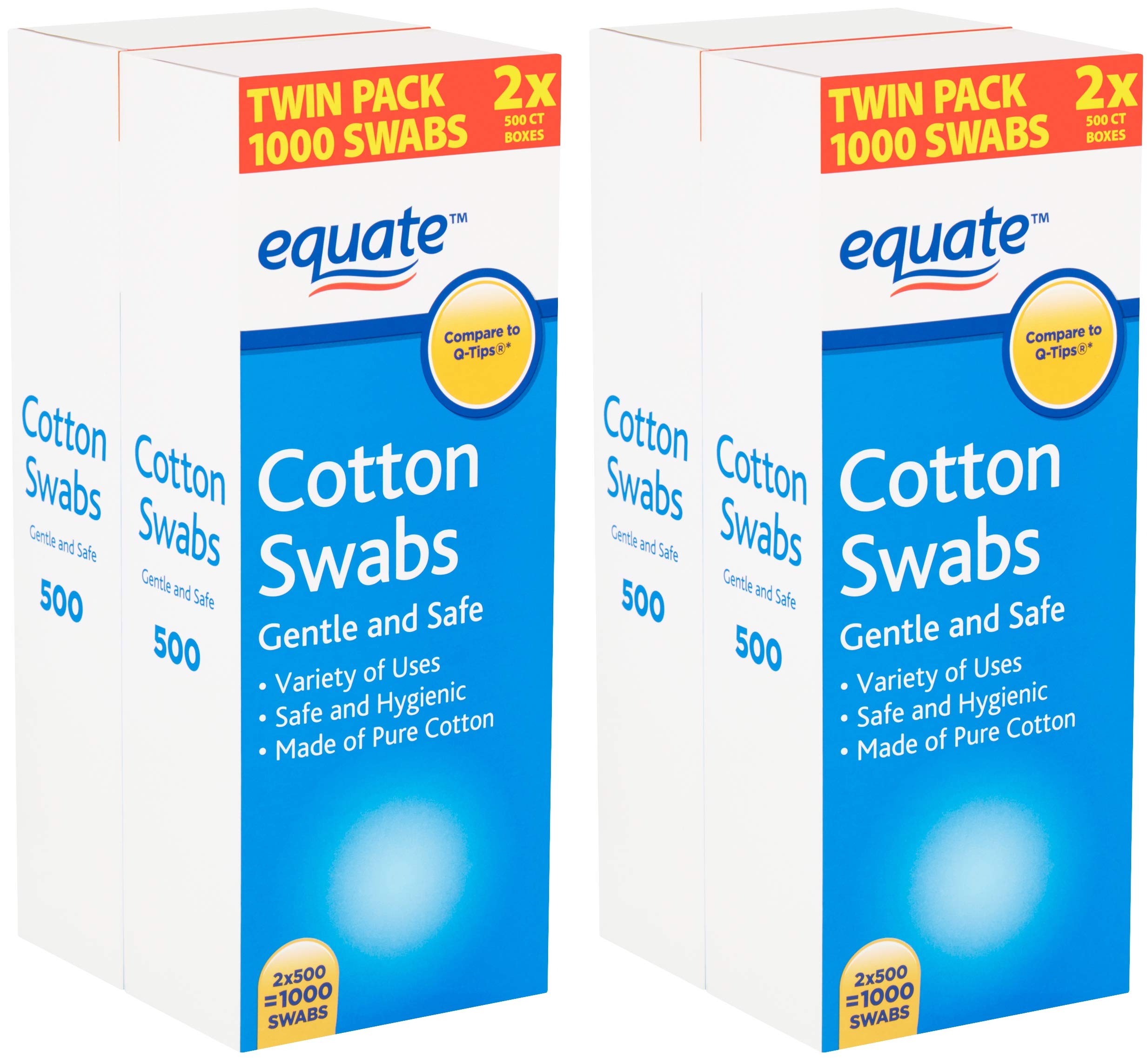 Equate Cotton Swabs Twin Pack, 1000 Count - 2 Pack (for Ears, Beauty, Makeup, Babies, Dogs, Pets, and More). Includes 2000 Count Total (4x 500 Count = 2000 Total).