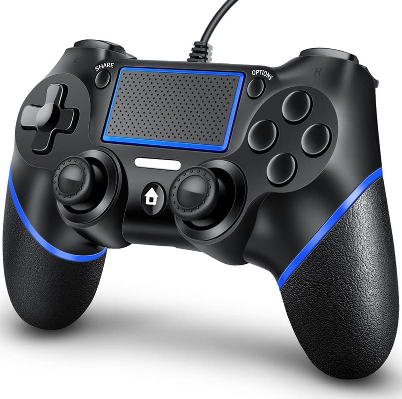 EFFUN Wired Gaming Controller for PS4, Remote Control for Sony Playstation 4 Pro Slim PC, Double Shock Analog Joysticks, Plug and Play, 6.9 ft Cable, Slip-Proof Grip, Black/Blue, Gifts for Men