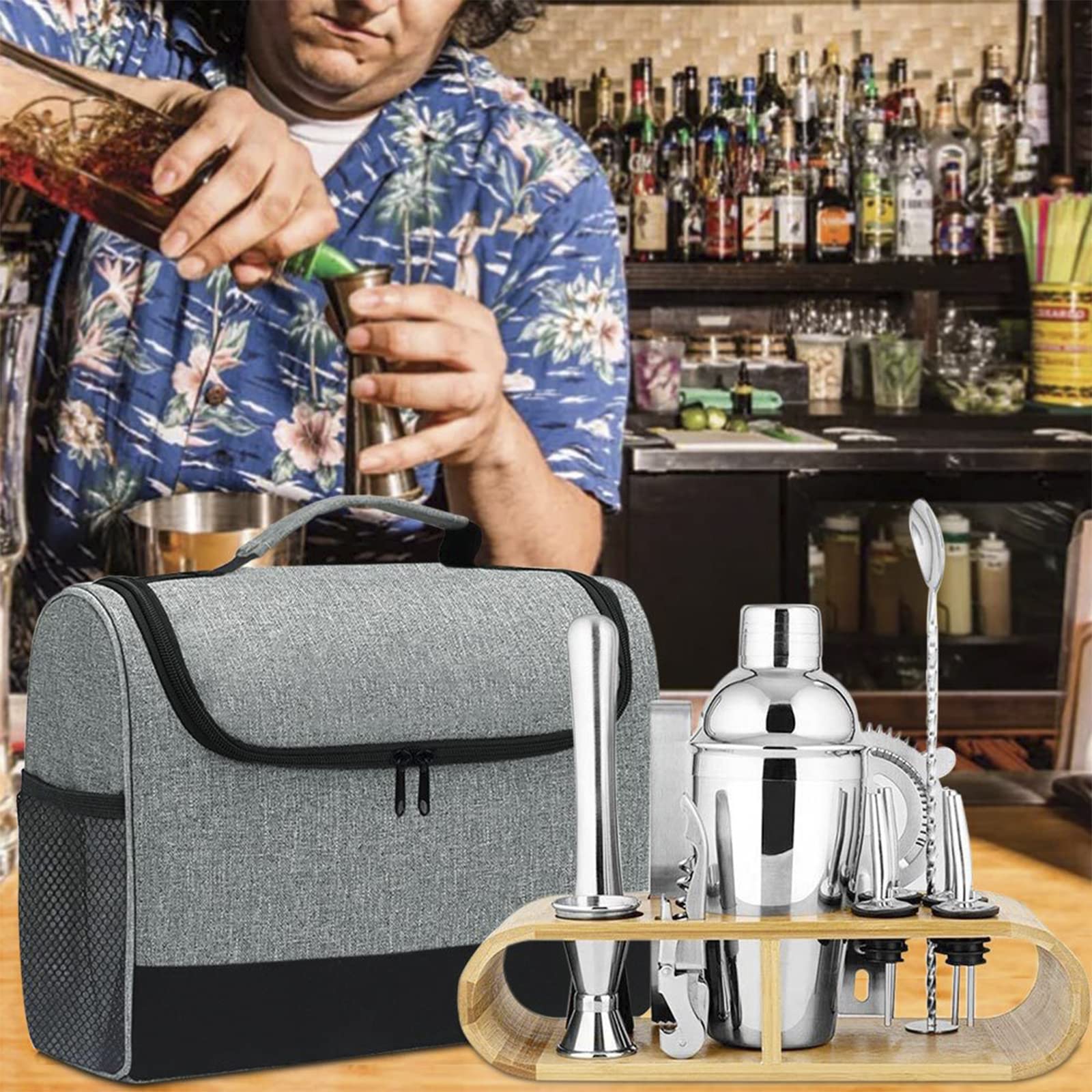 Jaugufiy Canvas Bartender Bag, Portable Travel Carrying,Cocktail Shaker Tool Set Travel Carrying Bag with Handle, Portable Travel Bar Carrier for Bar Kit, Bag Only(Grey)